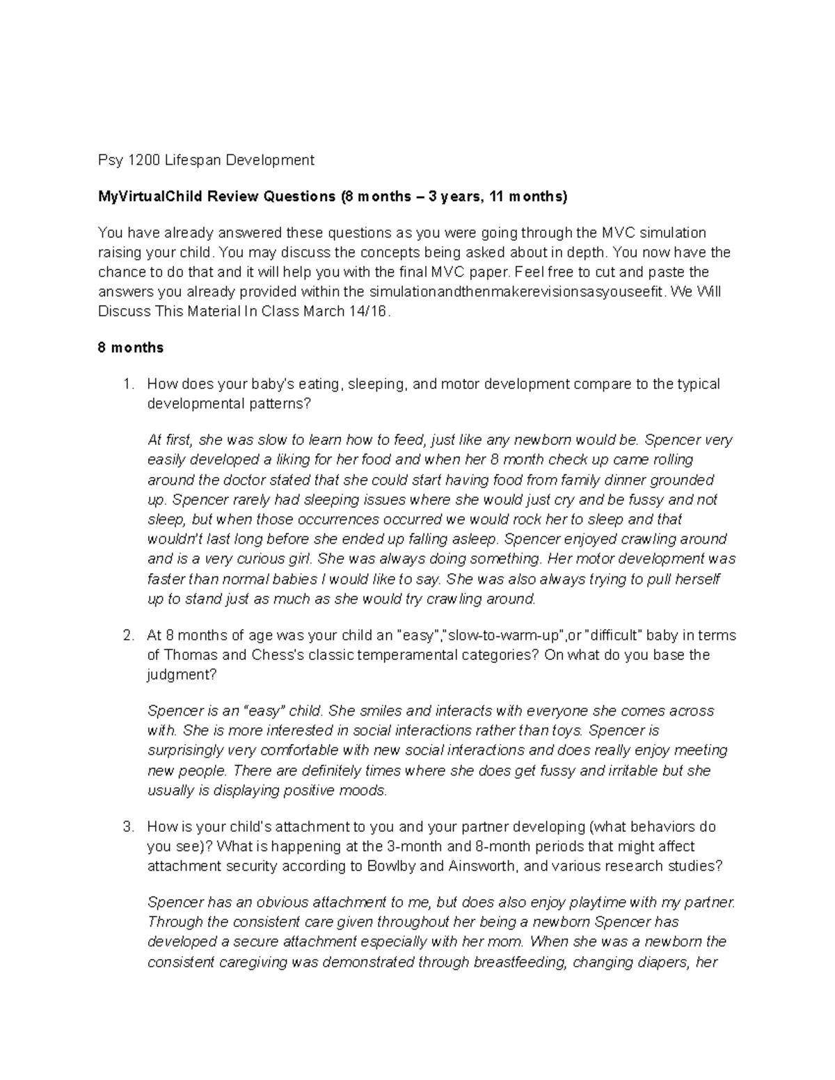 MVC assignment - Professor Goldman - Psy 1200 Lifespan Development MyVirtualChild Review ...