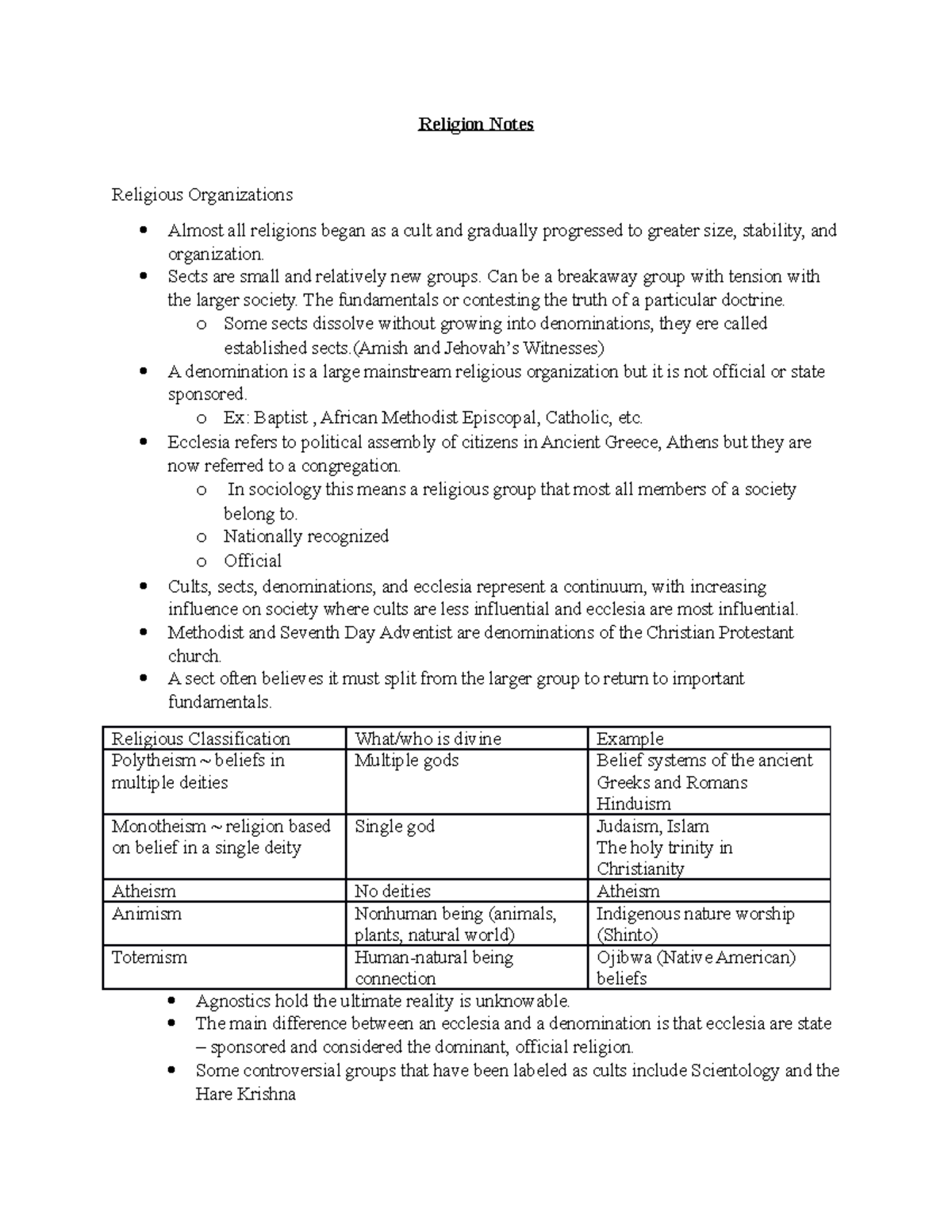 Socio religion notes - Religion Notes Religious Organizations Almost ...