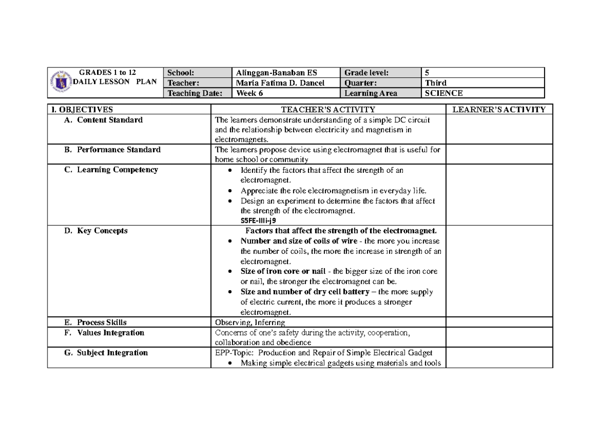 Sample DLP Factors Affecting THE Strength OF Electromagnet - GRADES 1 ...
