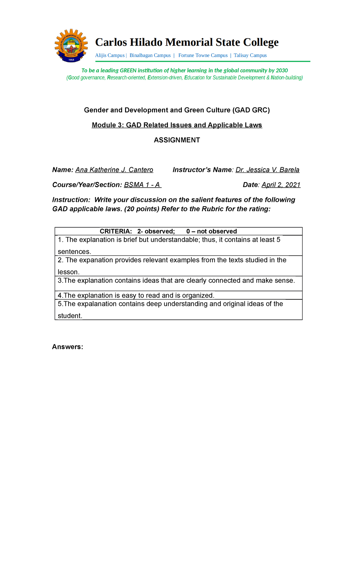 GAD Assignment 3 - Gender and Development and Green Culture (GAD GRC ...