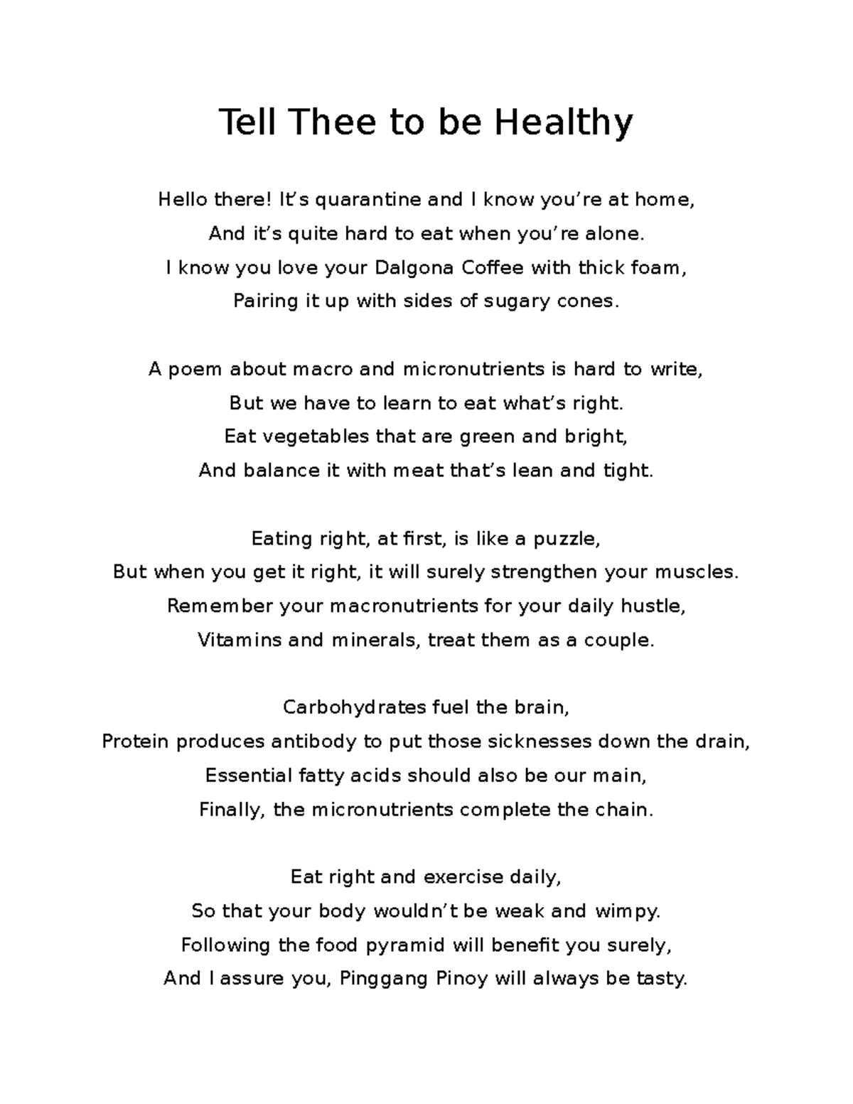 PE Poem - Notes - Tell Thee to be Healthy Hello there! It’s quarantine ...