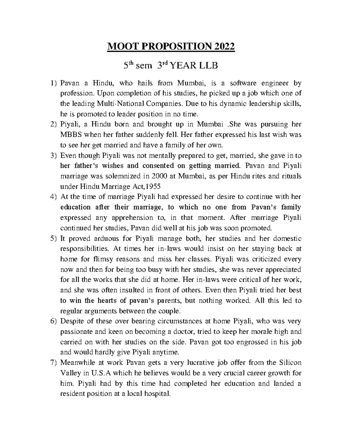 Moot court - MOOT - MOOT PROPOSITION 2022 5 th sem 3rd YEAR LLB Pavan a ...