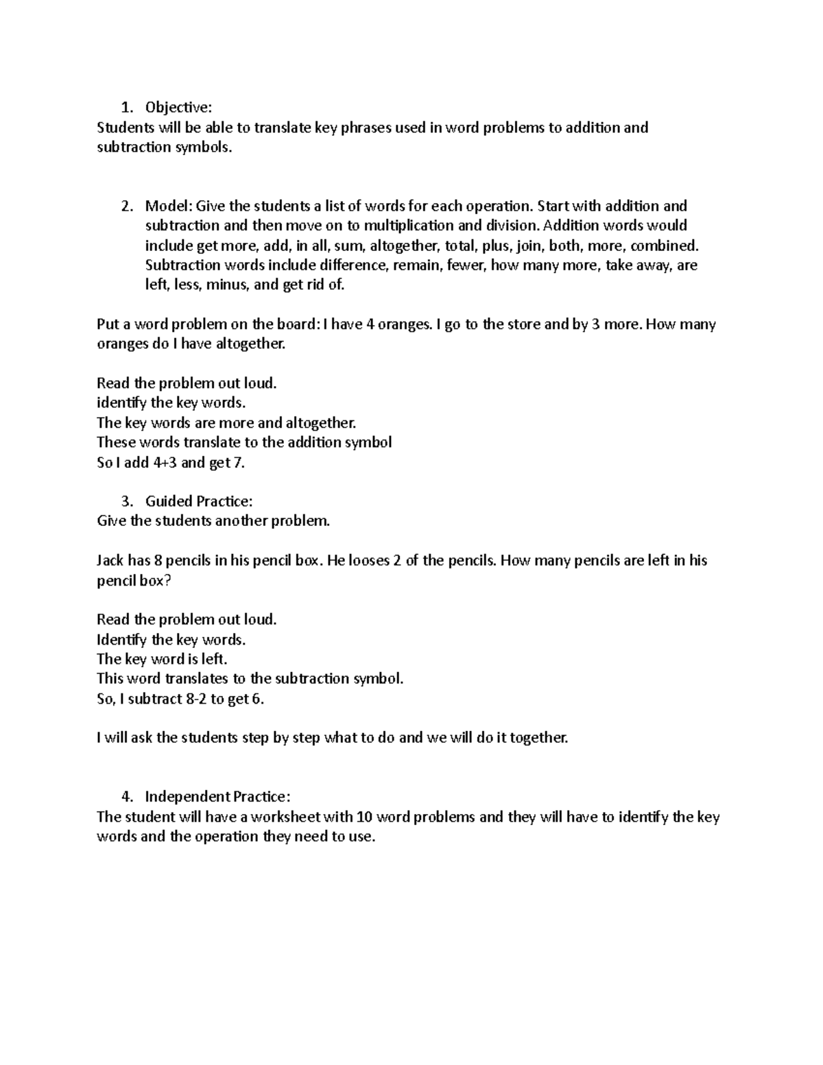 Problem solving lesson - Objective: Students will be able to translate ...