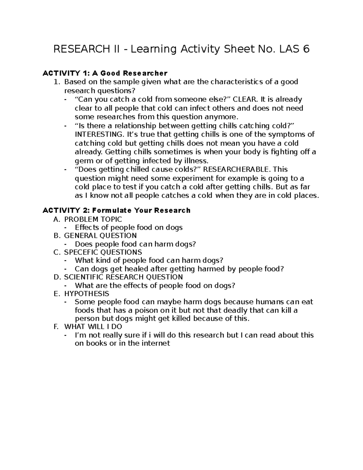 Research LAS 6 - FOR HIGHSCHOOL - RESEARCH II - Learning Activity Sheet ...
