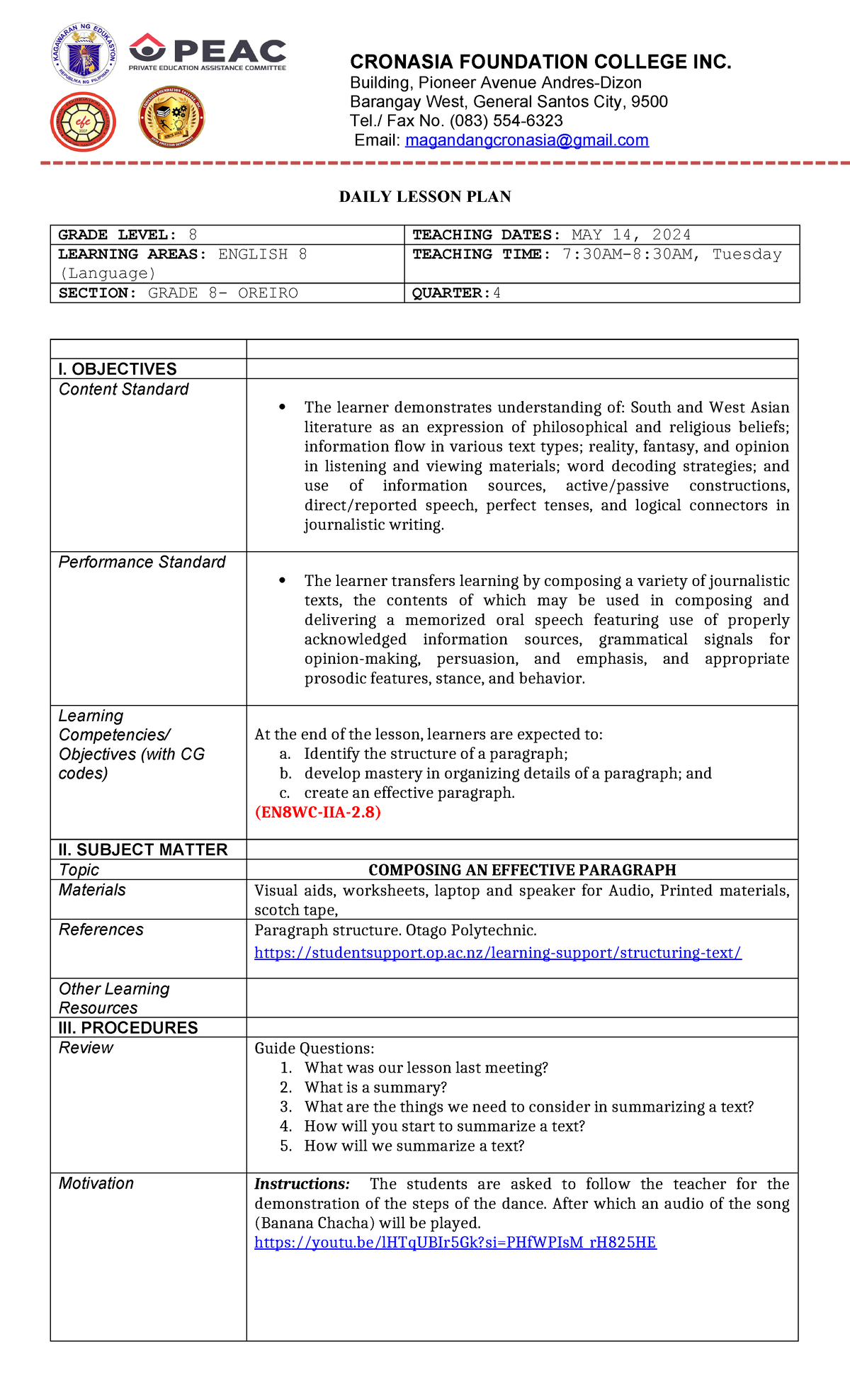 Class Observation lesson plan - Building, Pioneer Avenue Andres-Dizon ...