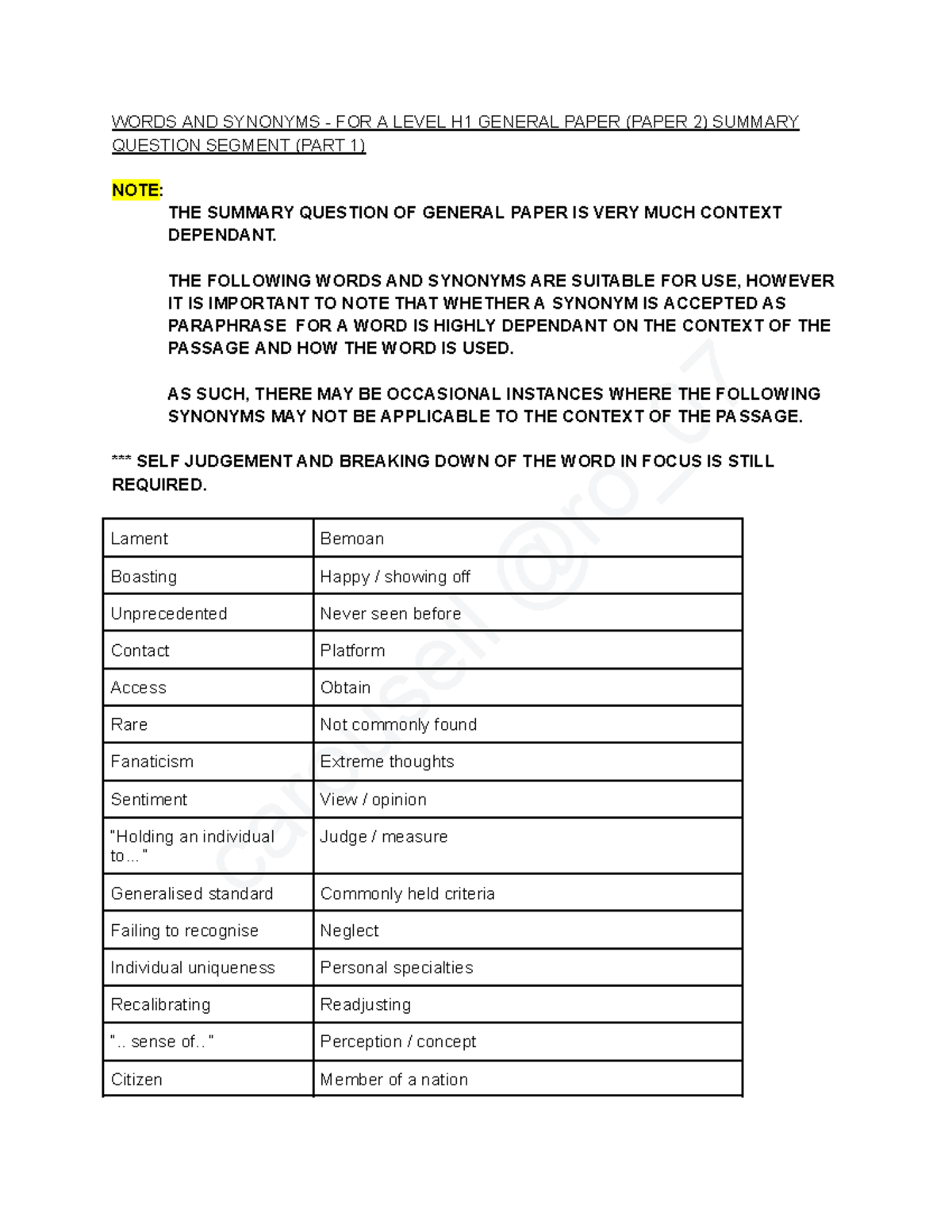 Words AND Synonyms - FOR A Level H1 General Paper ( Paper 2) Summary ...