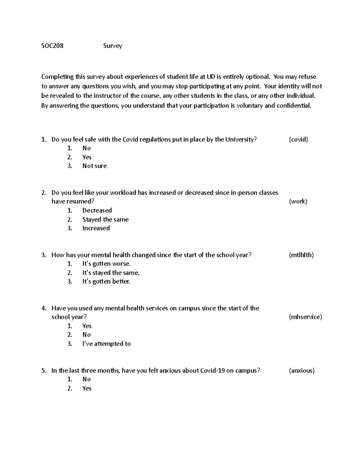 SOC208Survey FA21 - practice materials for research methods - SOC208 ...