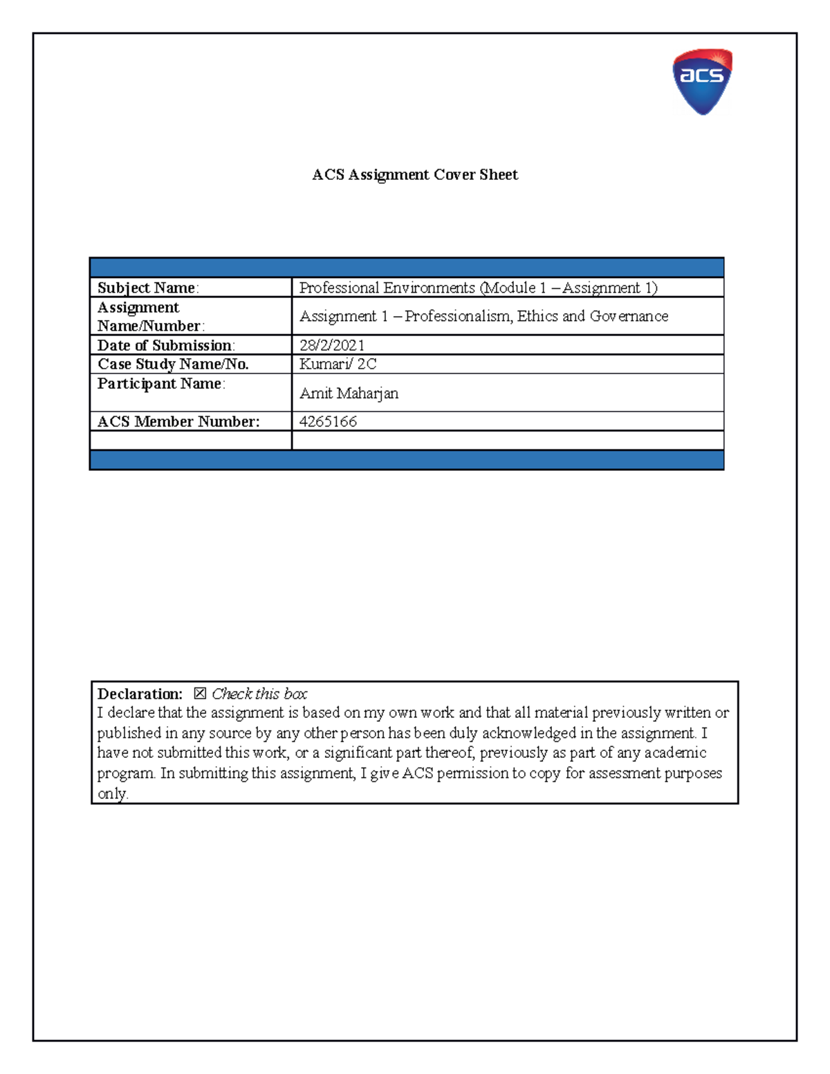 Amit Maharjan Assignment 1Develop and implement business plan - ACS Assignment Cover Sheet ...