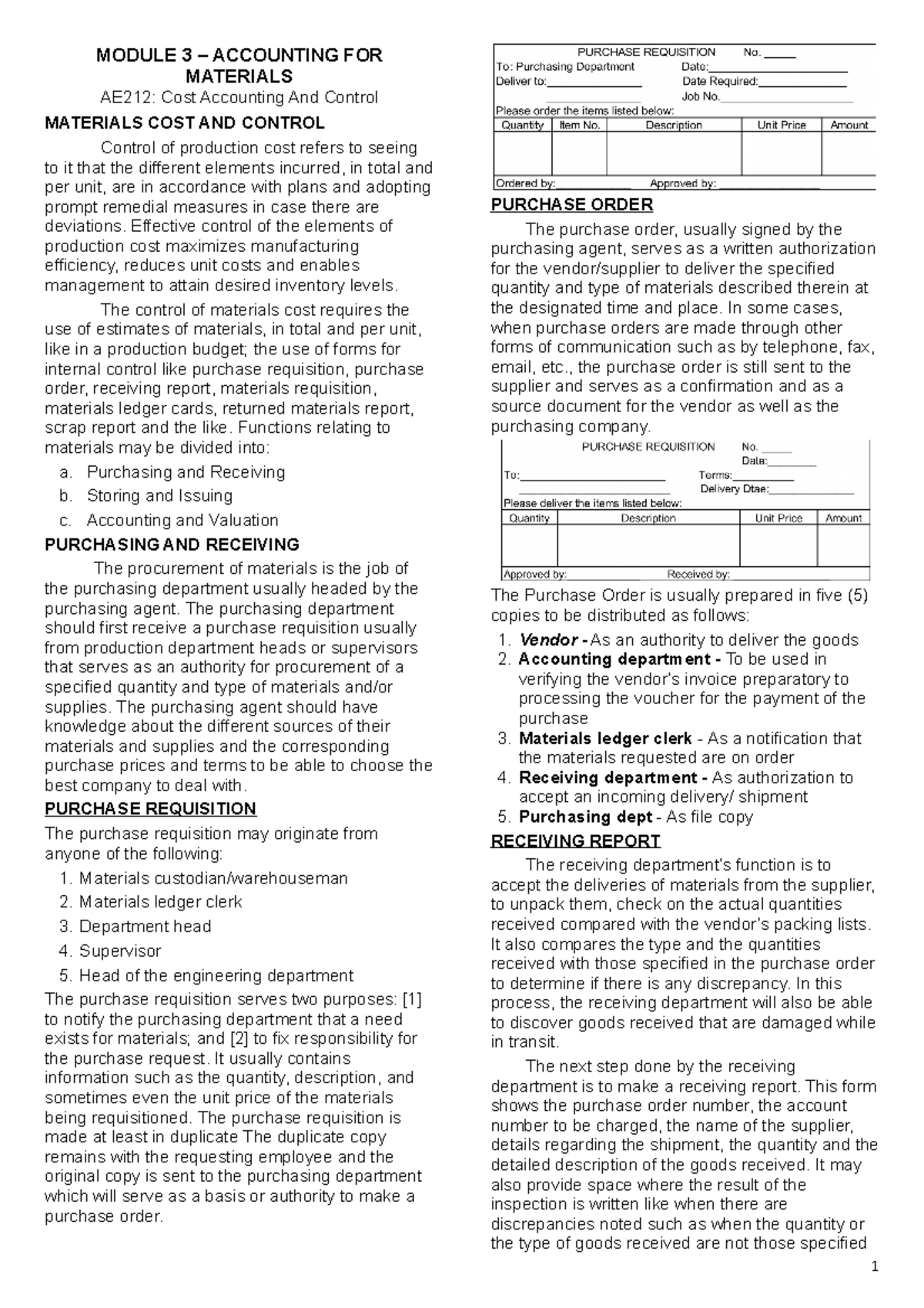 Cost Accounting Module 3 - Accounting FOR Materials - MODULE 3 ...