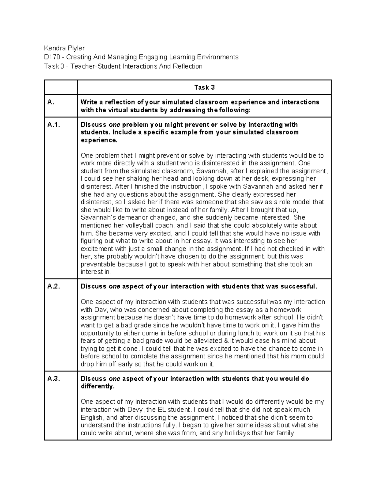 Task 3 - Teacher-Student Interactions And Reflection - Write a ...