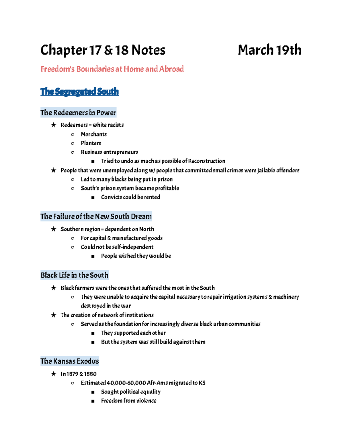 Chapter 17 18 Notes 3 19 - Chapter 17 & 18 Notes March 19th Freedom’s ...