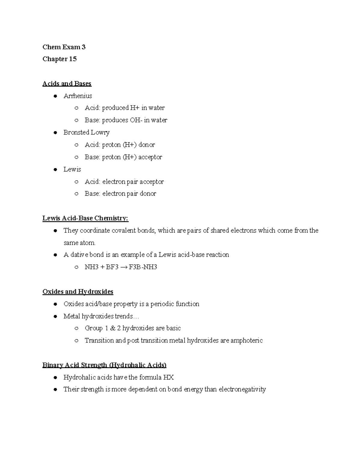 Chem Exam 3 Study Guide - Lecture Notes - Chem Exam 3 Chapter 15 Acids ...