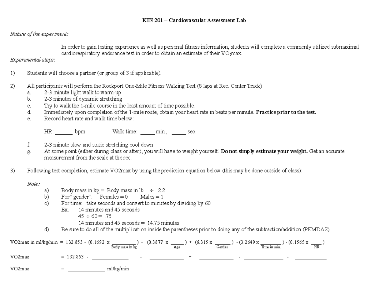 Lab 7-Cardiovascular Assessment - KIN 201 – Cardiovascular Assessment ...