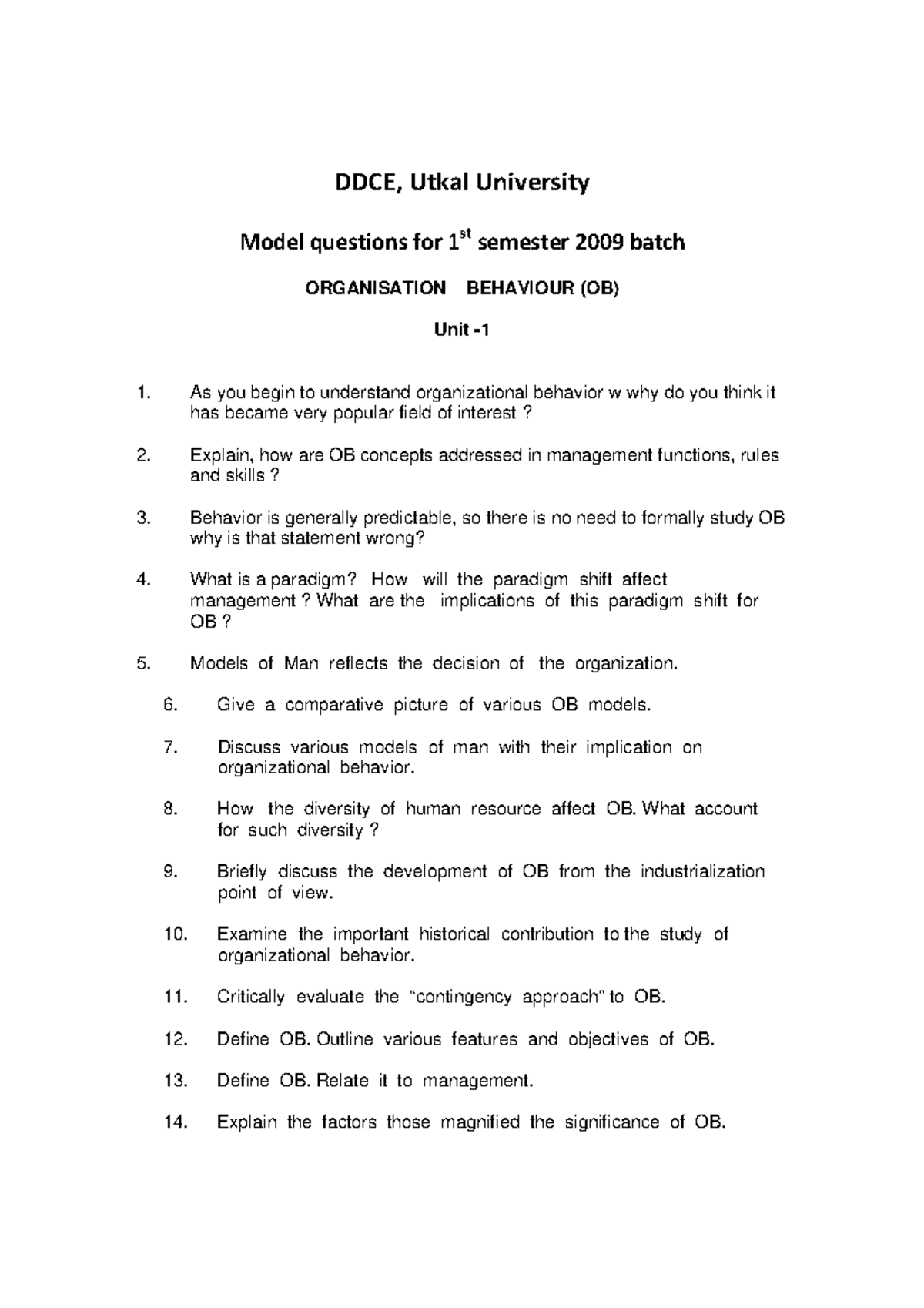 Model Qus OB - .. .... - DDCE, Utkal University Model questions for st ...