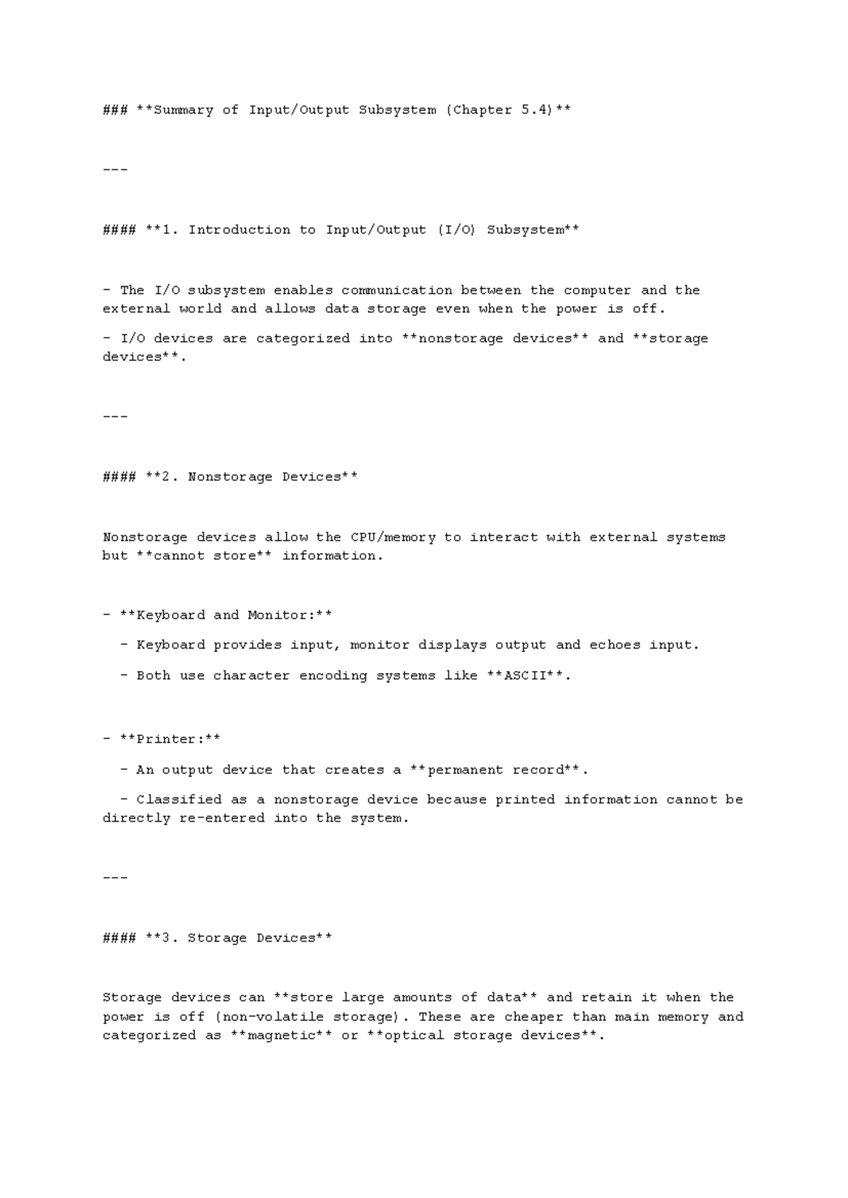 Summary of Chapter 5 - Summary of Input/Output Subsystem (Chapter 5) 1. Introduction to Input ...