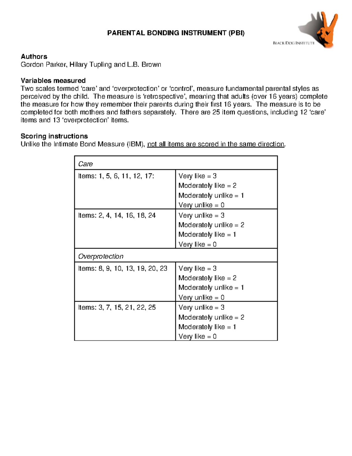 Parentalbondinginstrument - PARENTAL BONDING INSTRUMENT (PBI) Authors Gordon Parker, Hilary ...