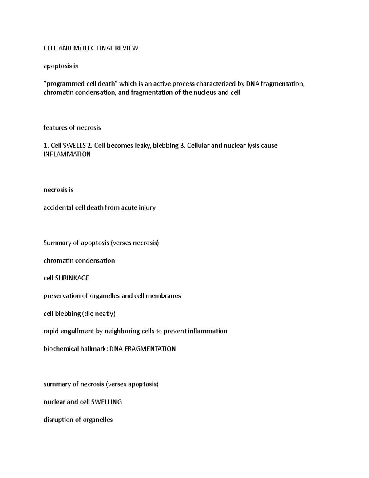 CELL AND Molec Final Review - CELL AND MOLEC FINAL REVIEW apoptosis is ...