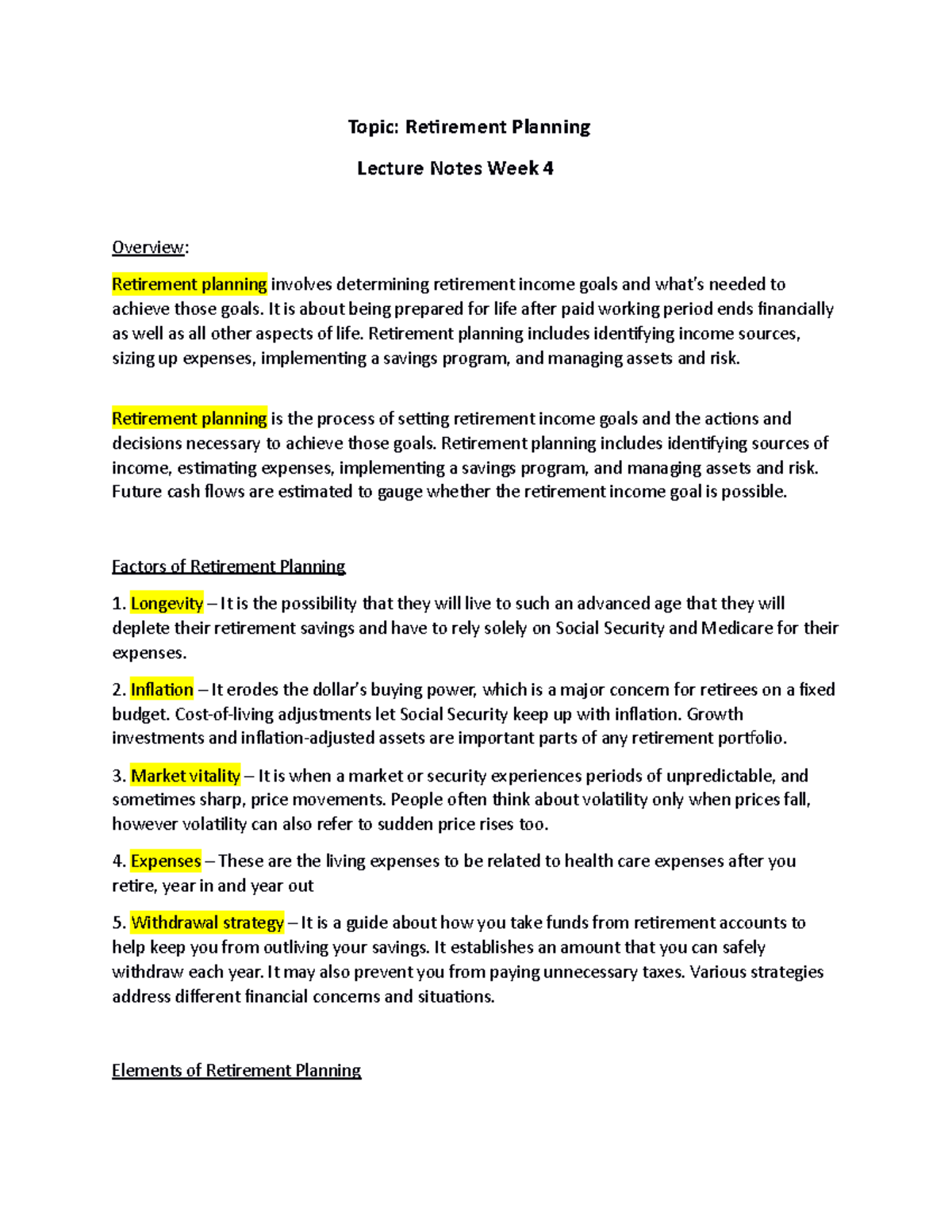Retirement Plan - Topic: Retirement Planning Lecture Notes Week 4 ...