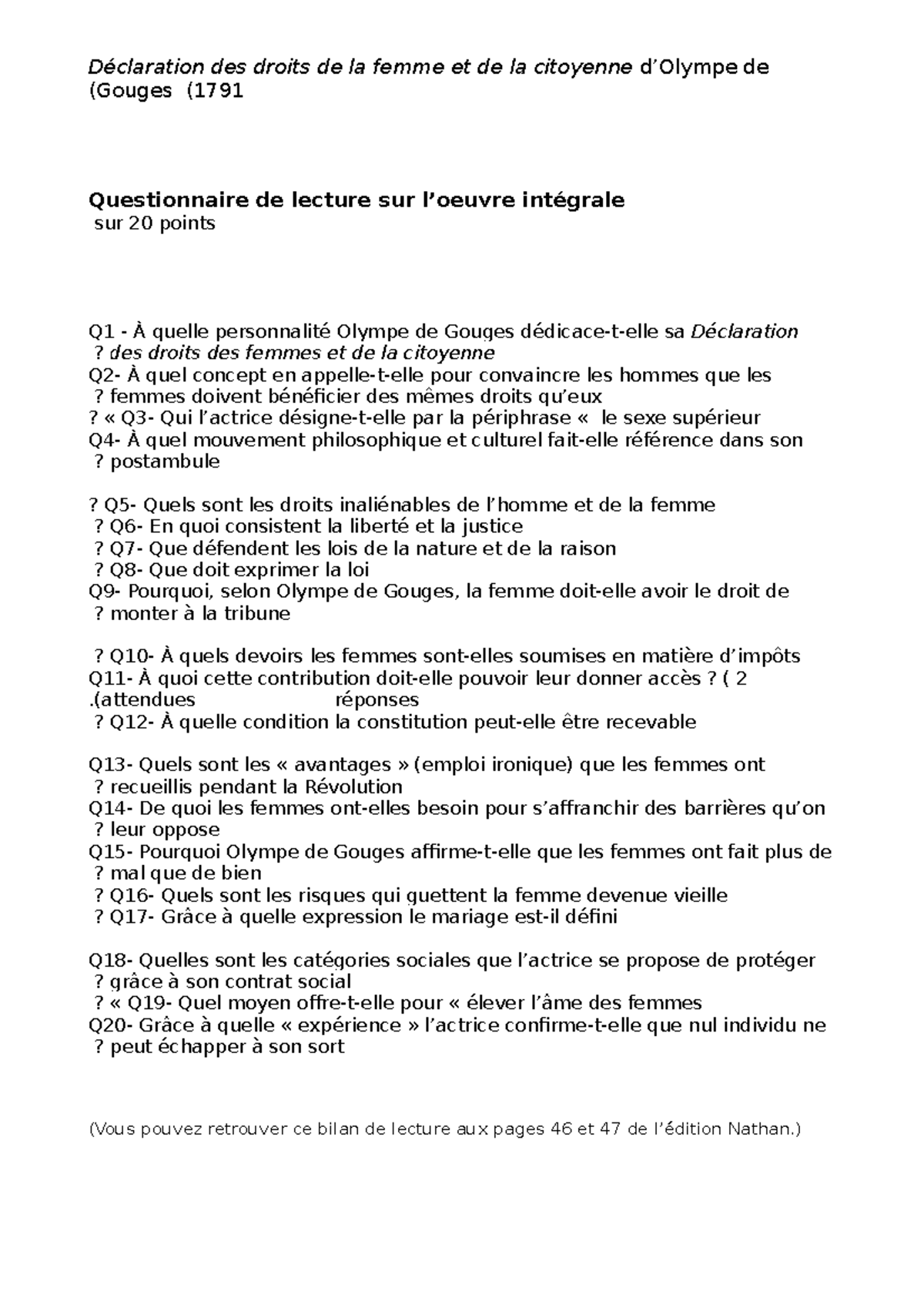 Questionnaire de lecture sur la DDFC - Déclaration des droits de la ...
