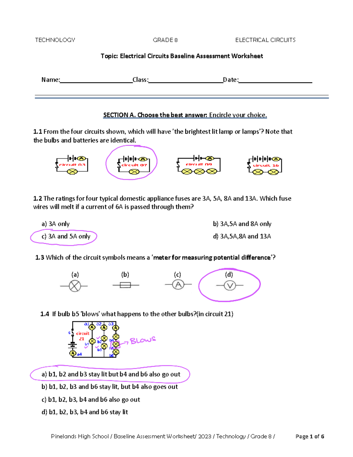 Grade 8 Tech Electrical Circuits Baseline Worksheet - Pinelands High ...