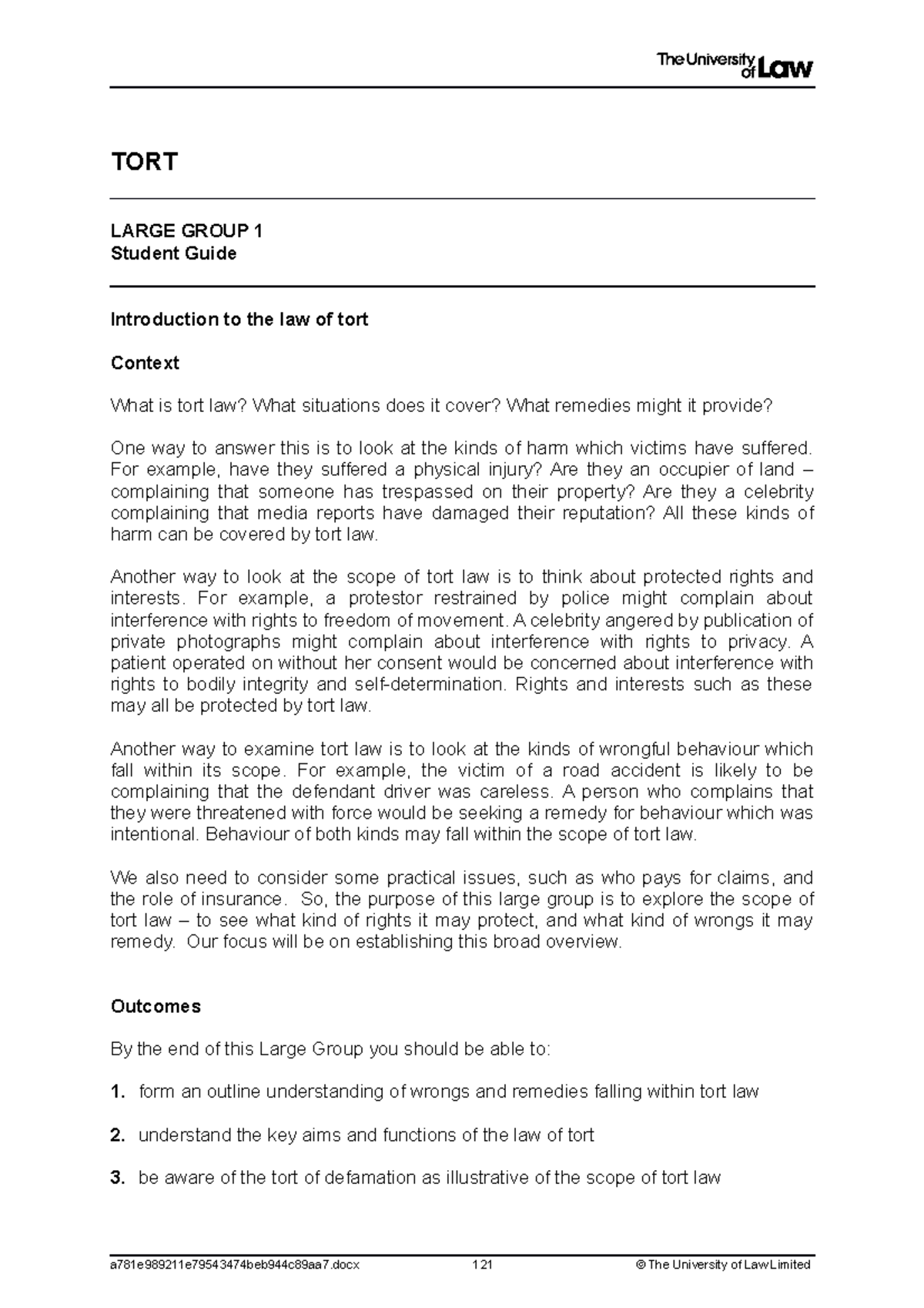 2021 tort lg01 ce01 student guide - TORT LARGE GROUP 1 Student Guide ...