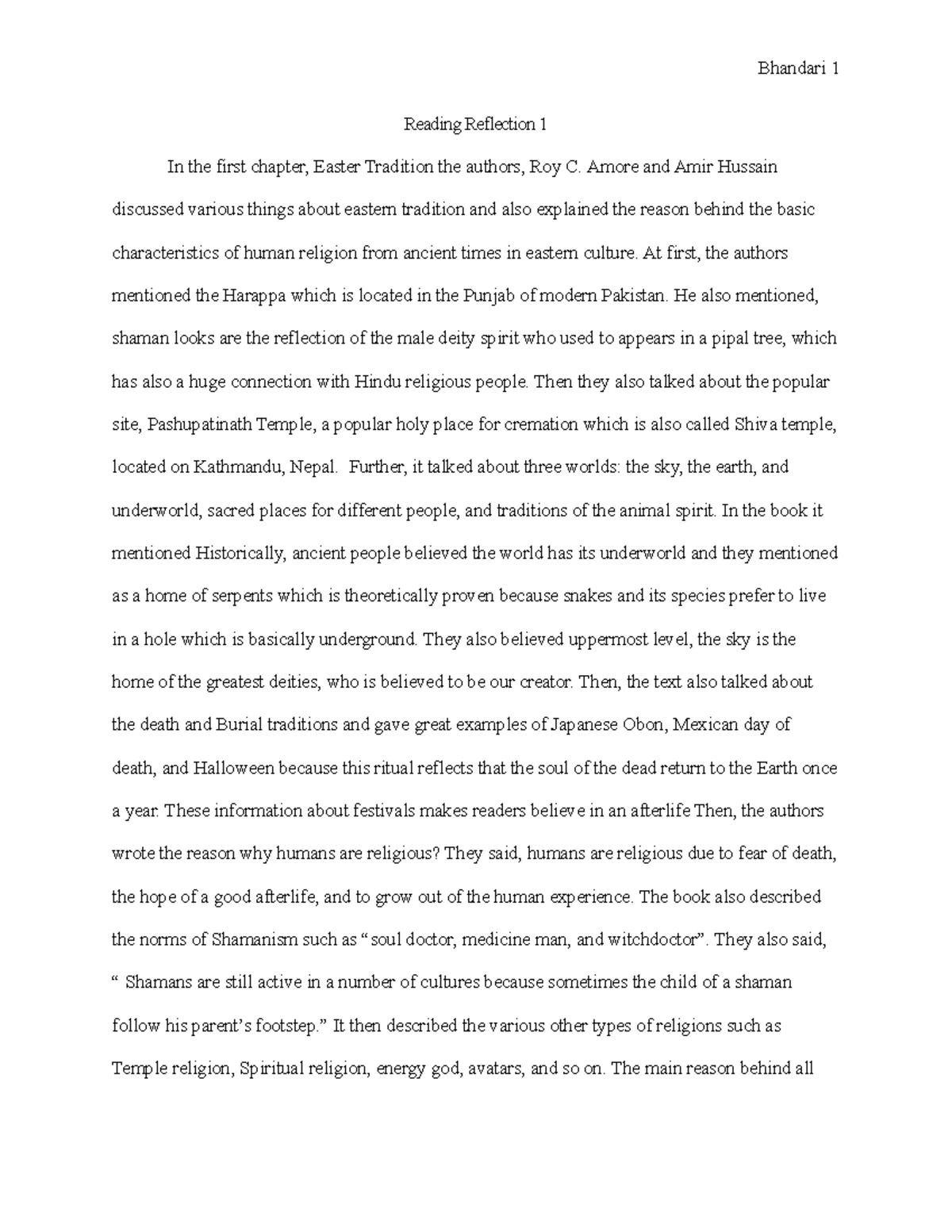 R1 - Chapter 1 summary and reflection of book World Religions: Eastern ...