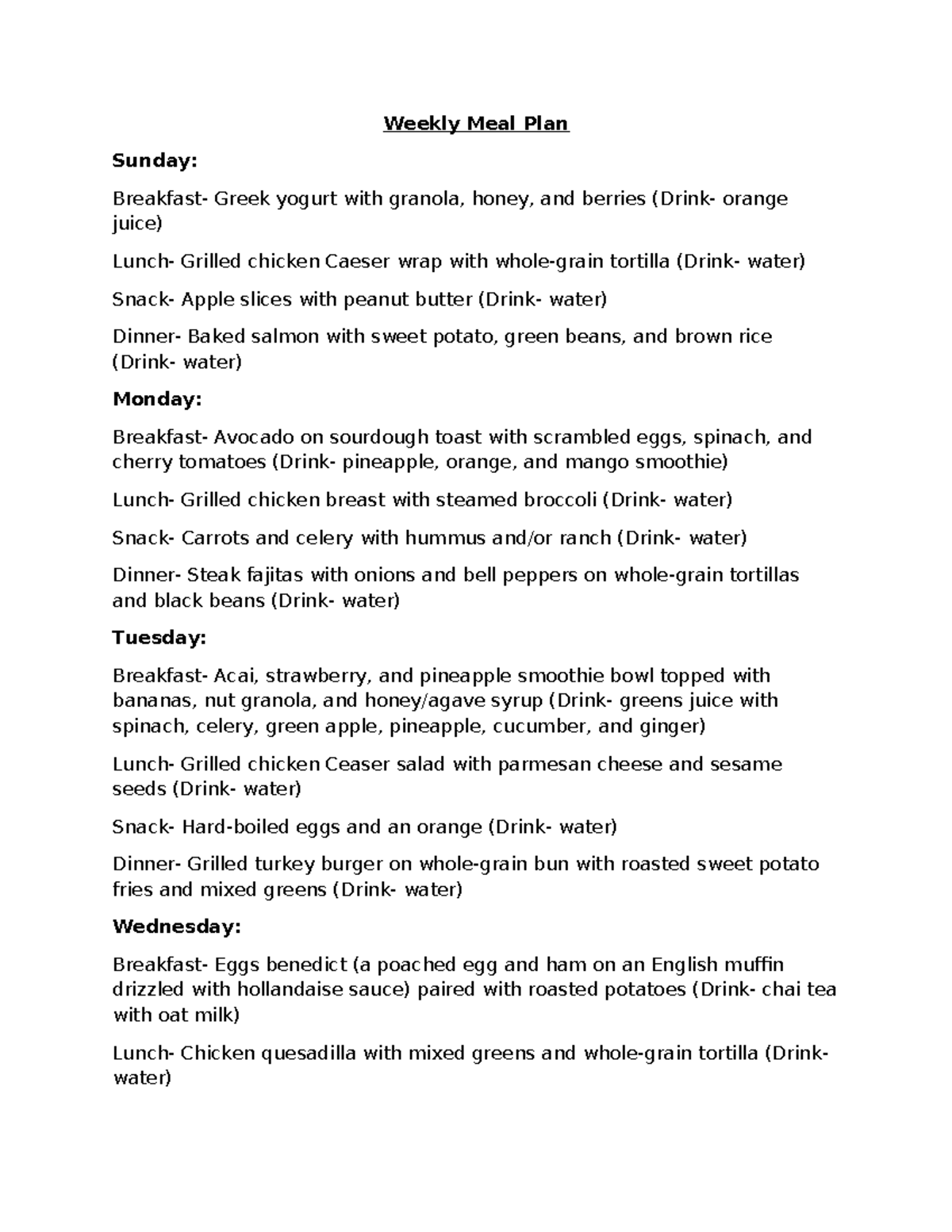 Meal Plan Assignment - Weekly Meal Plan Sunday: Breakfast- Greek yogurt ...