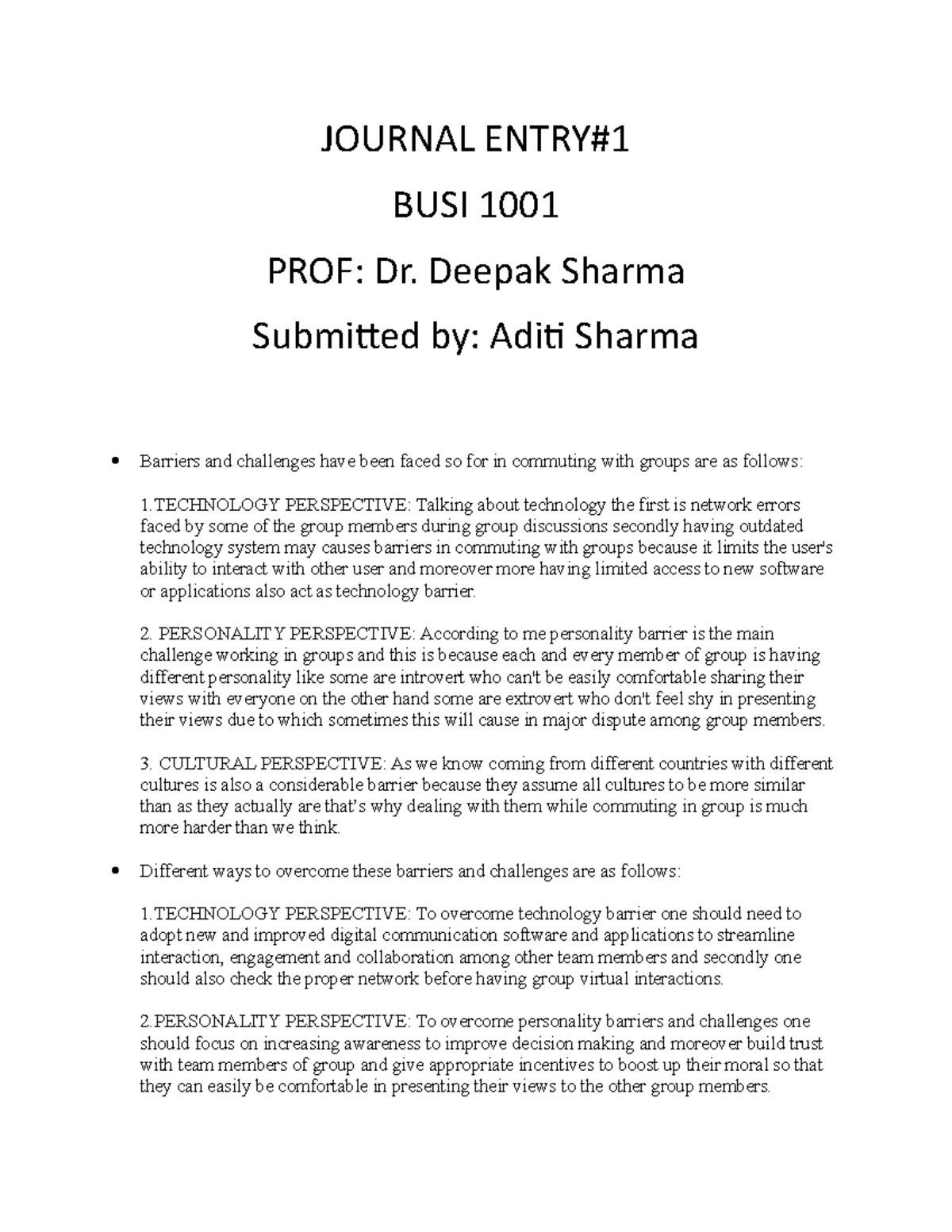 Journal Entry#1- Aditi - JOURNAL ENTRY# BUSI 1001 PROF: Dr. Deepak ...