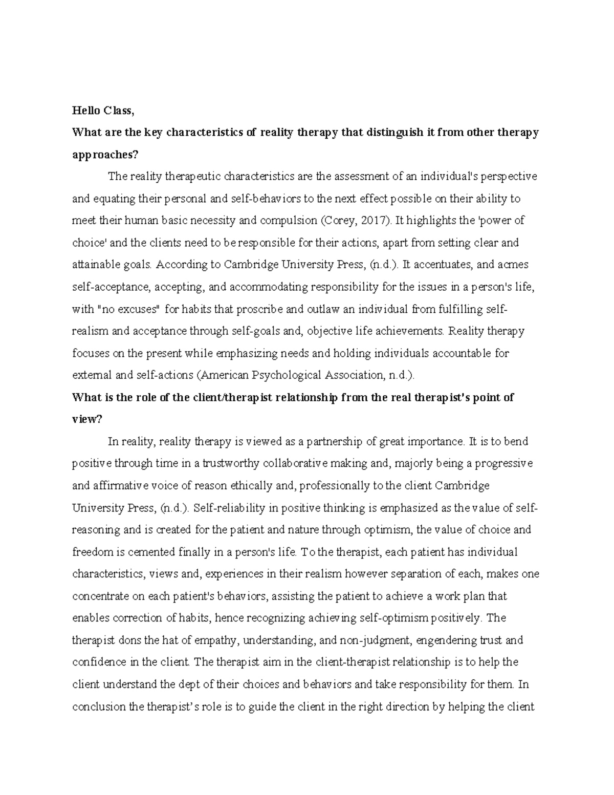 6-1 Discussion-Reality Therapy - Hello Class, What are the key ...