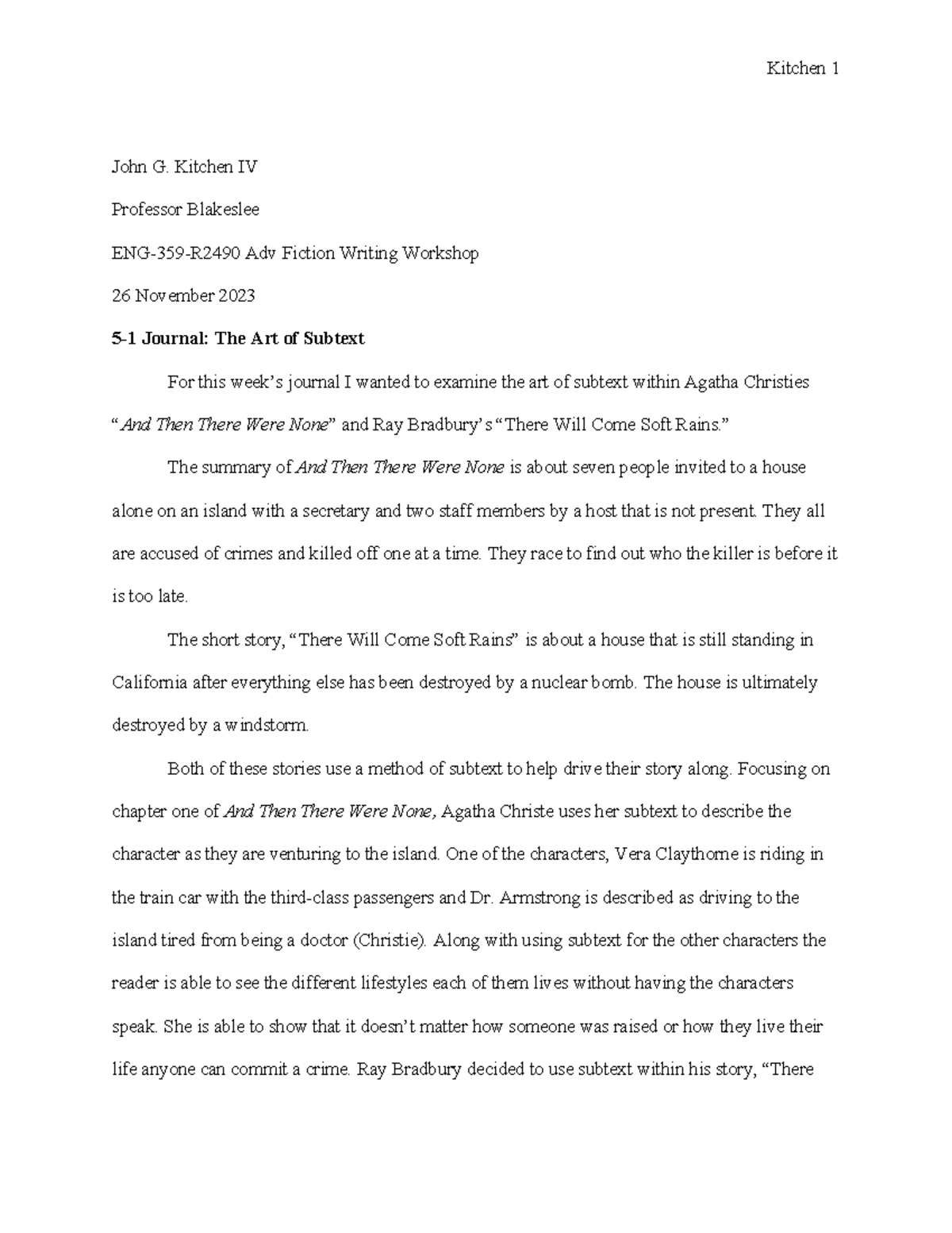 5-1 Journal The Art of Subtext - John G. Kitchen IV Professor Blakeslee ENG-359-R2490 Adv ...