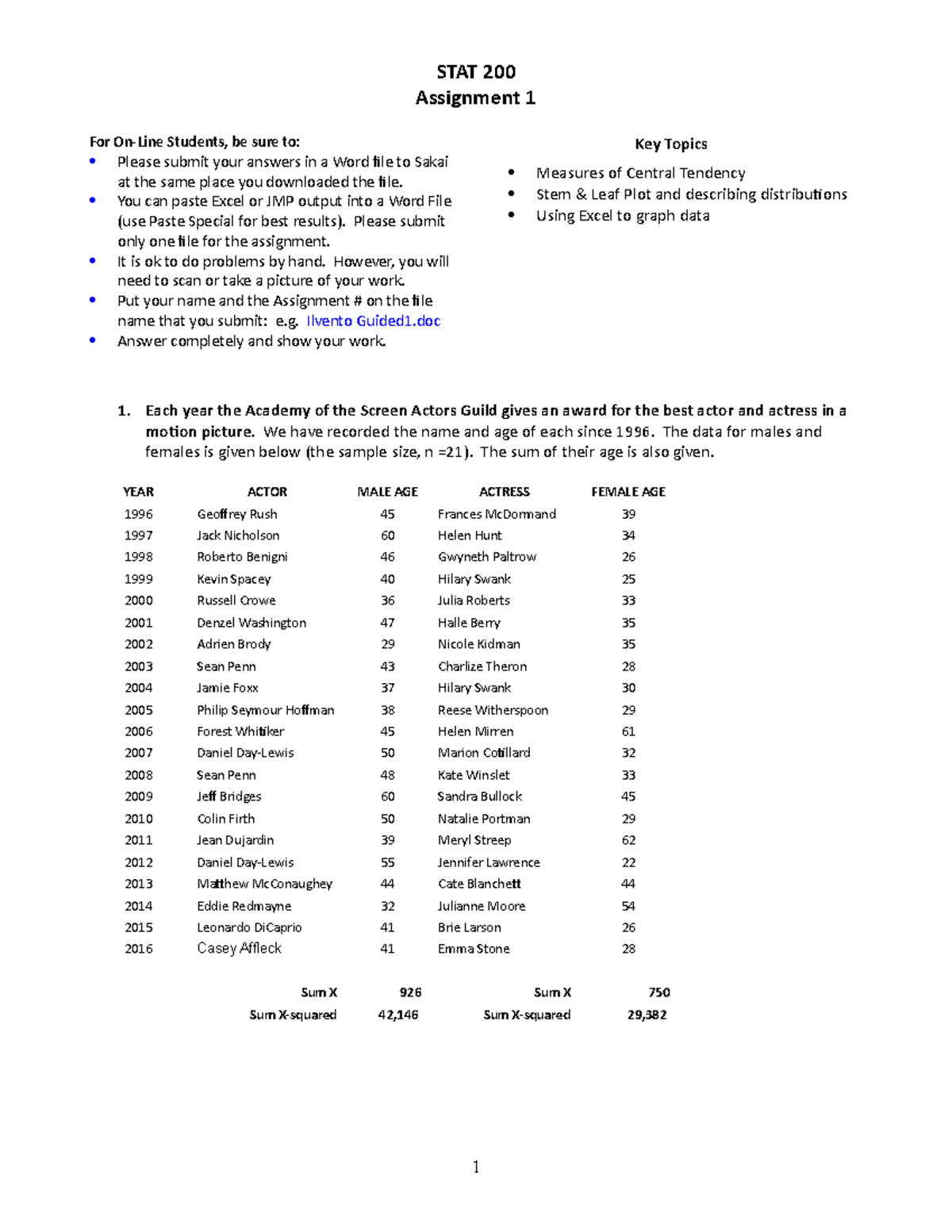 Assignment 1 STAT200- Answers - STAT 200 Assignment 1 For On-Line Students, be sure to: Please ...
