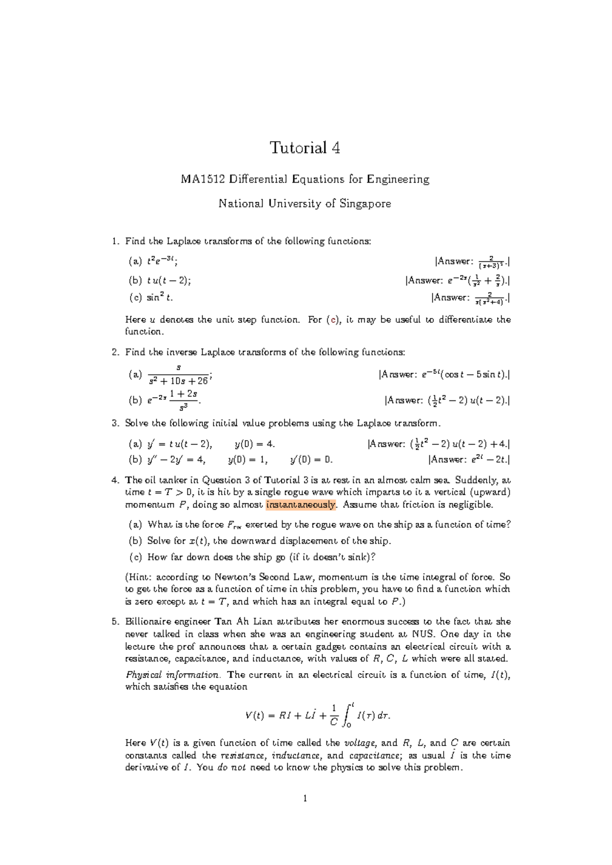 Tut4 - Tutorial 1 to 5 - Tutorial 4 MA1512 Differential Equations for Engineering National - Studocu