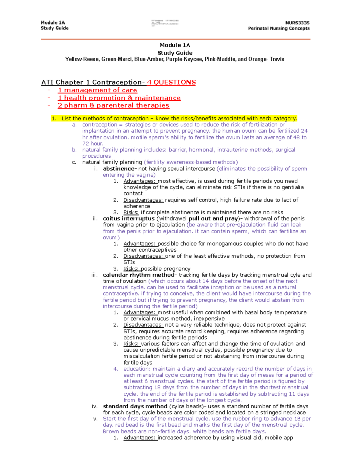 Perinatal Module A Exam Study Guide 2023-2 - Module 1A Study Guide Yellow-Reese, Green-Marci ...
