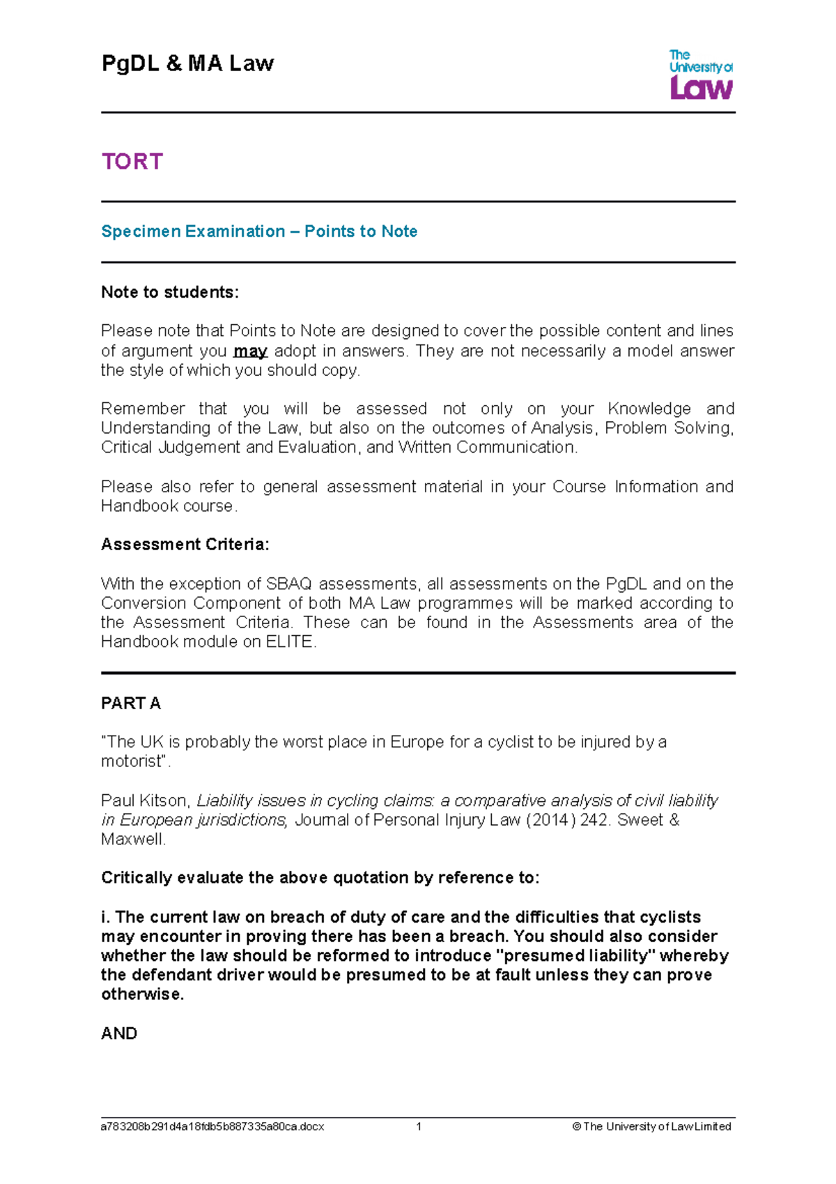 Tort Law Specimen PTN - TORT Specimen Examination – Points to Note Note ...