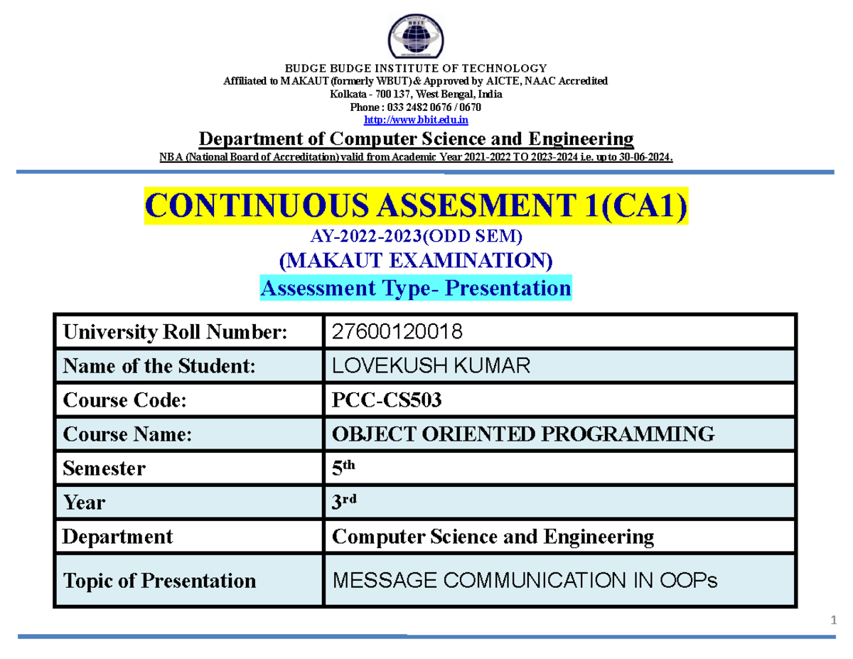 Oops ppt lovekush kumar 2760012001 8 - CONTINUOUS ASSESMENT 1(CA1) AY-2022-2023(ODD SEM) (MAKAUT ...