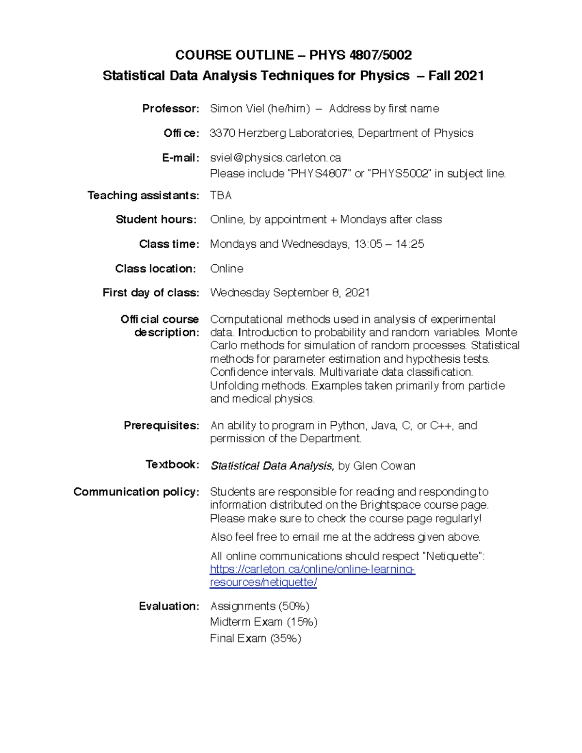 Statistical Data Analysis Techniques for Physics - carleton Please ...