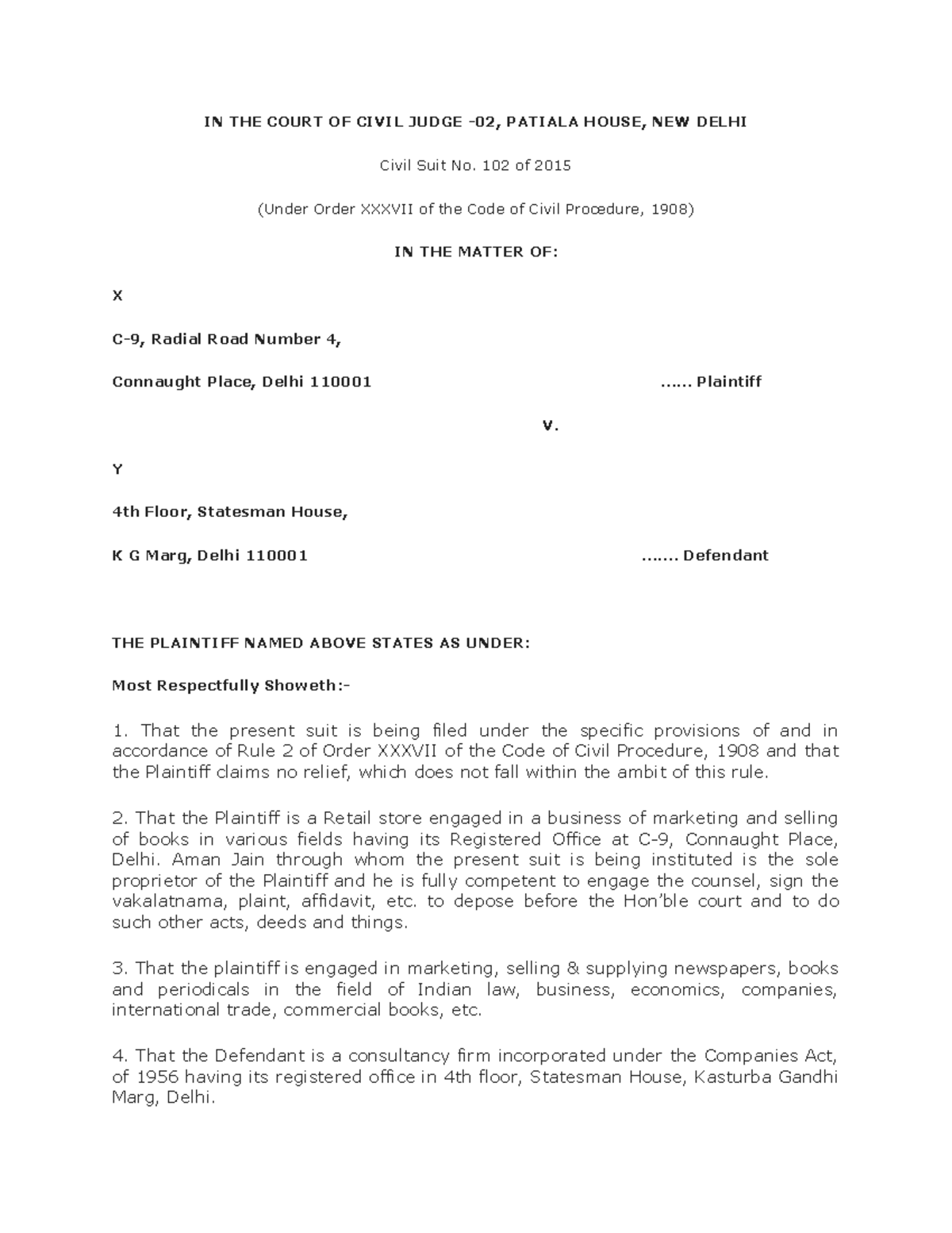 CPC Plaint and written doc - BBA LLB - IPU - Studocu