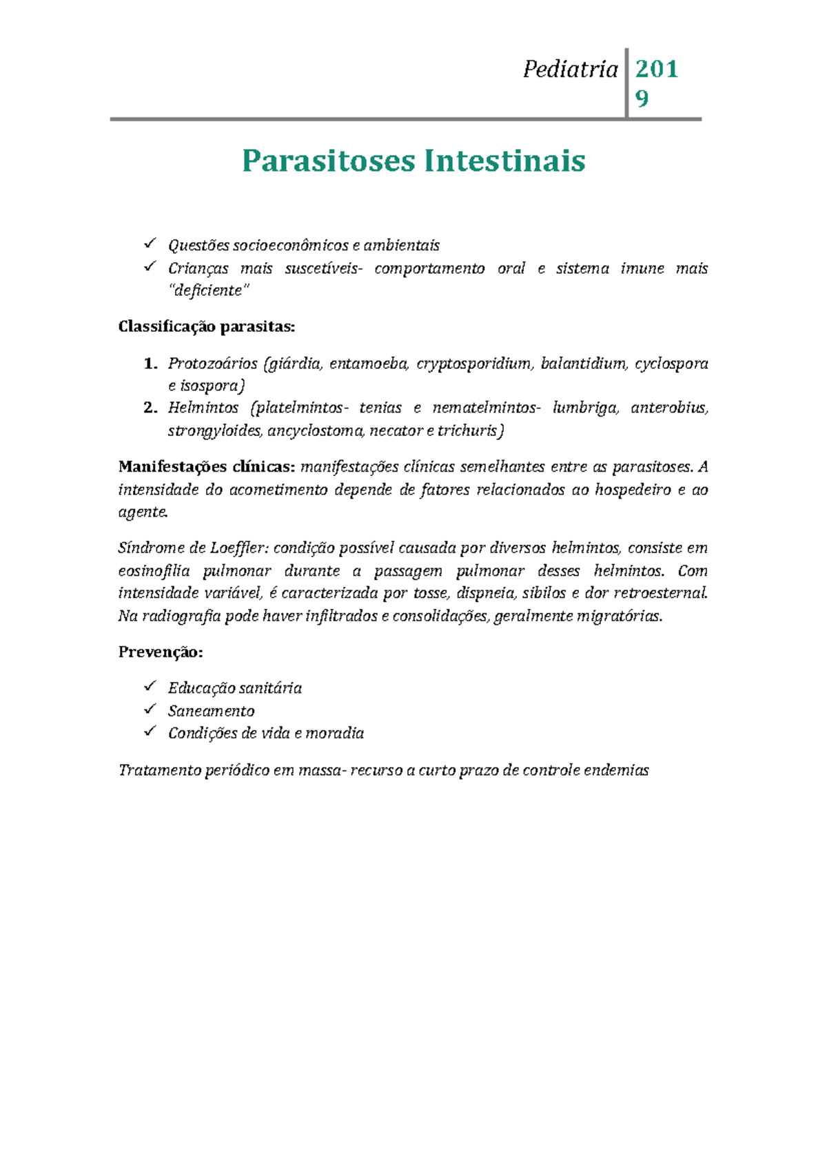 Resumo Parasitoses Intestinais - Pediatria 201 9 Parasitoses ...