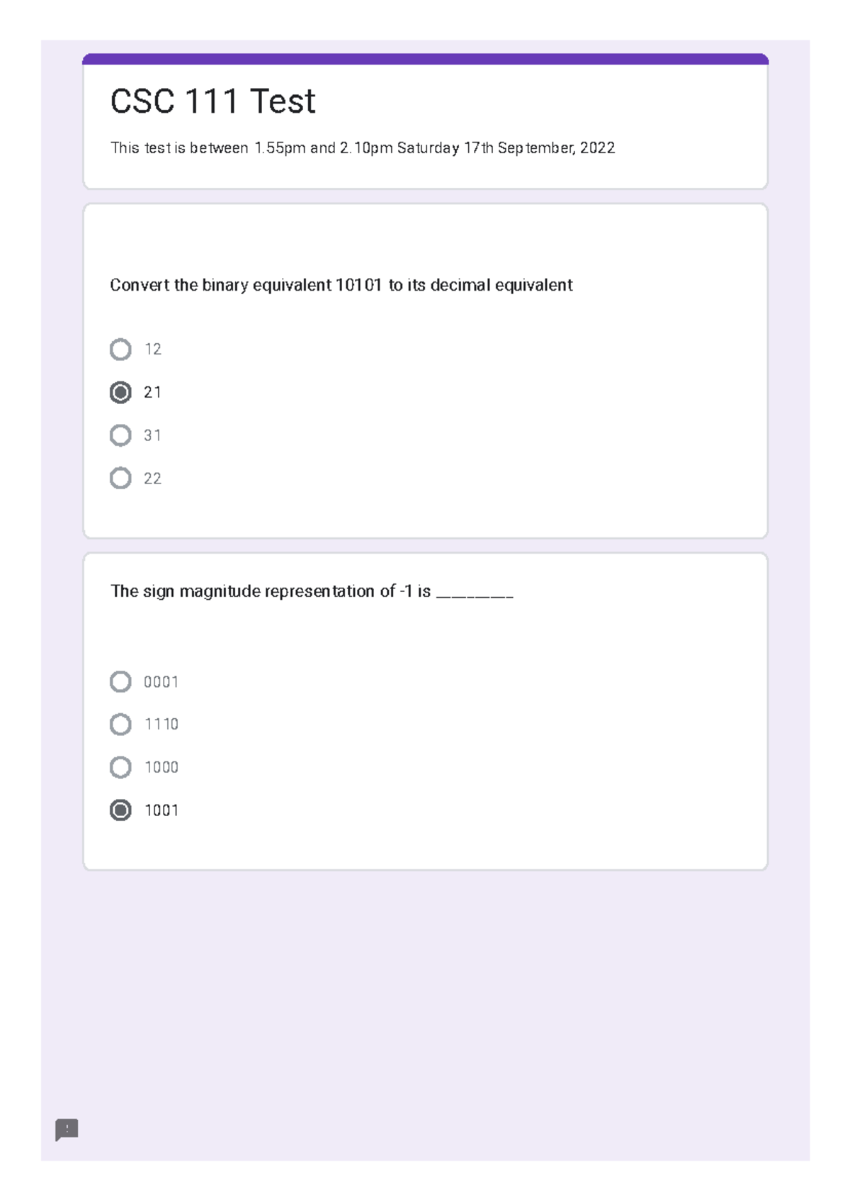 CSC111Test 1663420283946 - 12 21 31 22 0001 1110 1000 1001 CSC 111 Test ...