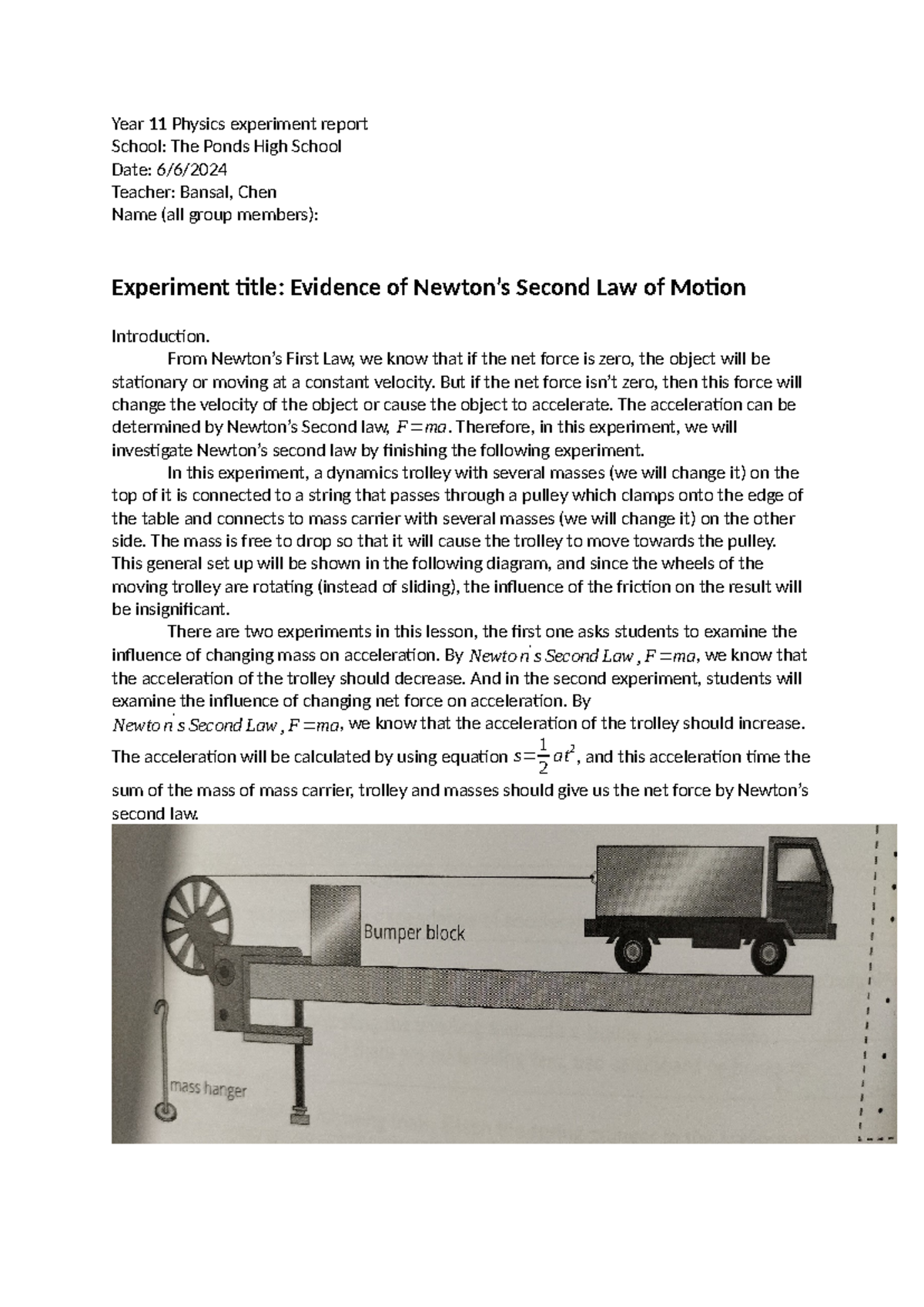 Newton second law prac - stufy - Year 11 Physics experiment report ...