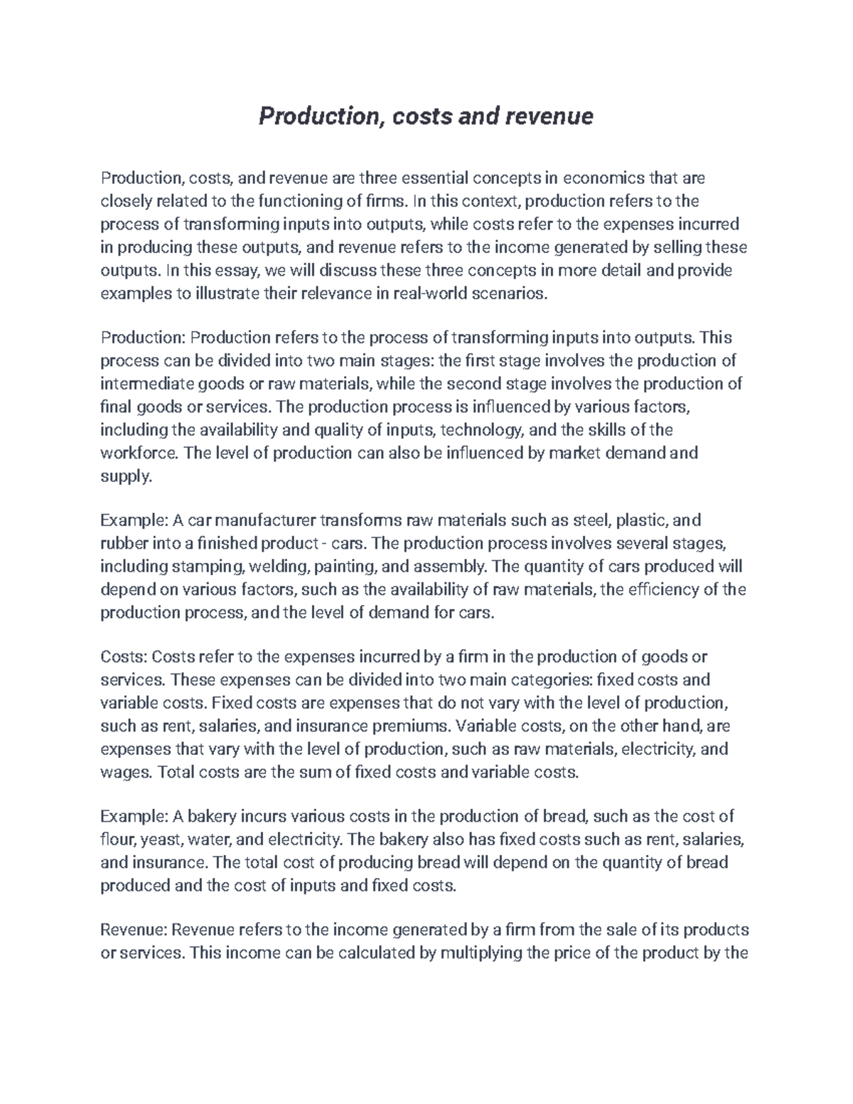 Notes on Production, costs and revenue - Production, costs and revenue ...