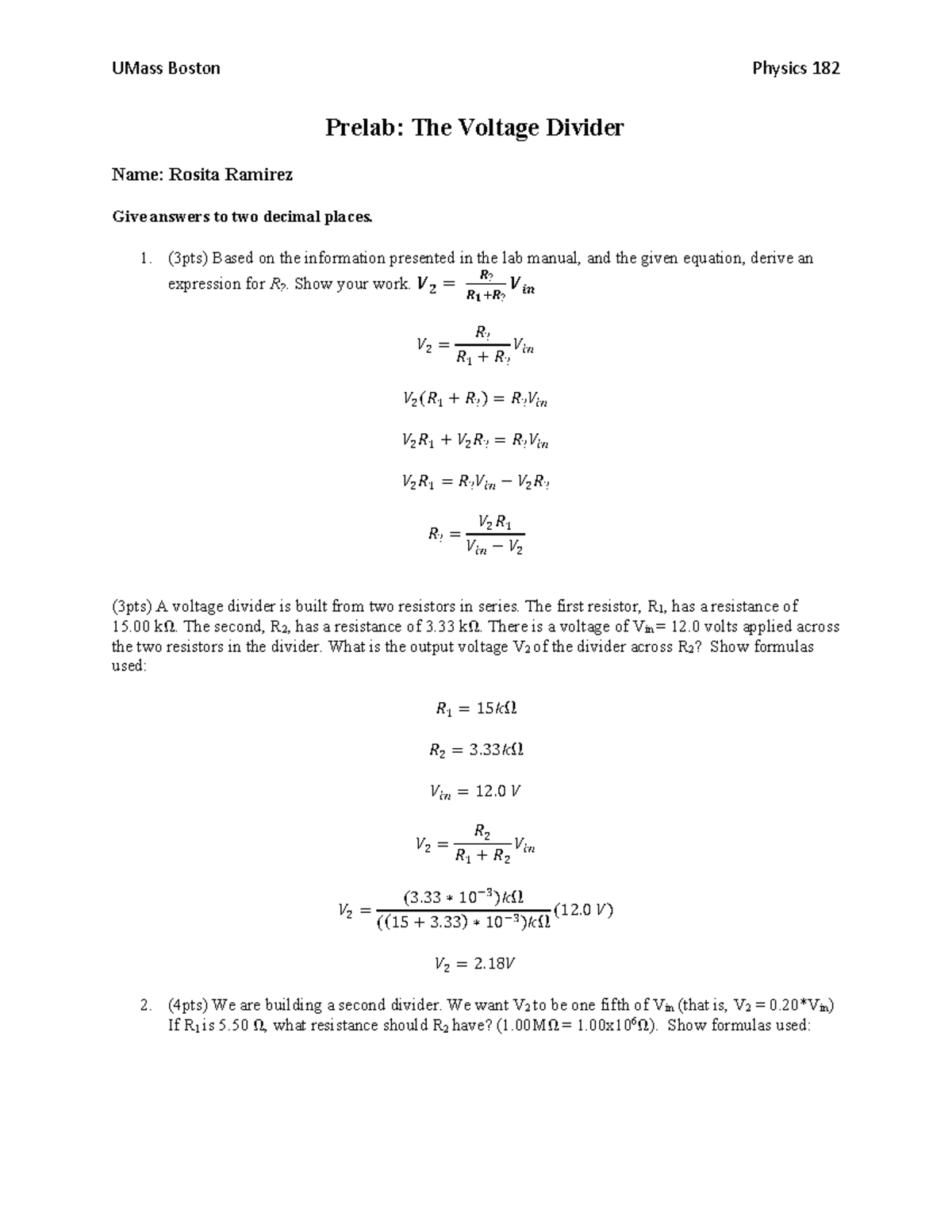 Voltage Divider Prelab - UMass Boston Physics 182 Prelab: The Voltage ...