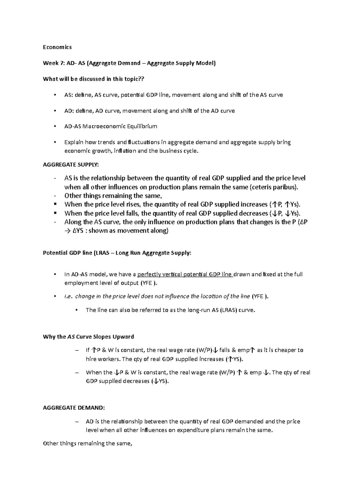Week 7 Notes - Economics Week 7: AD- AS (Aggregate Demand – Aggregate ...