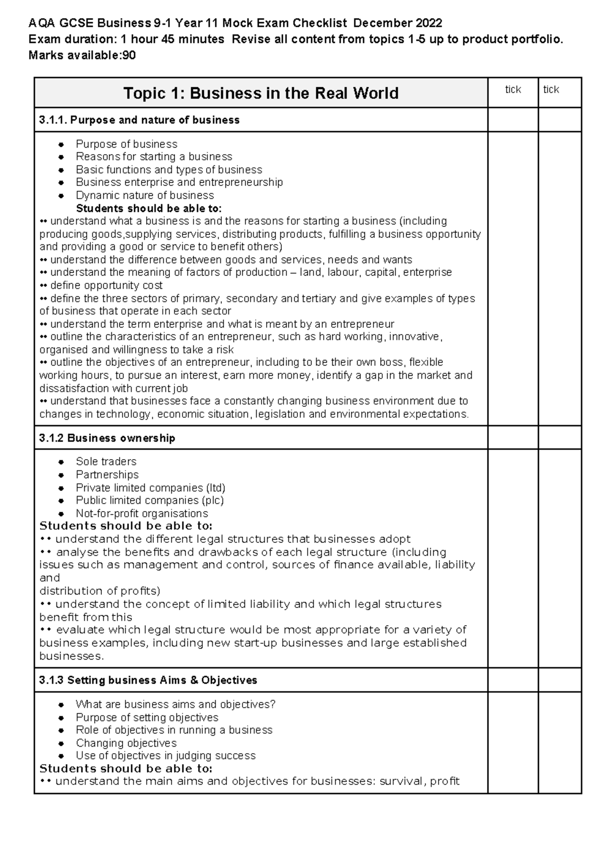 GCSE MOCK Exam checklist 2022 - Exam duration: 1 hour 45 minutes Revise ...