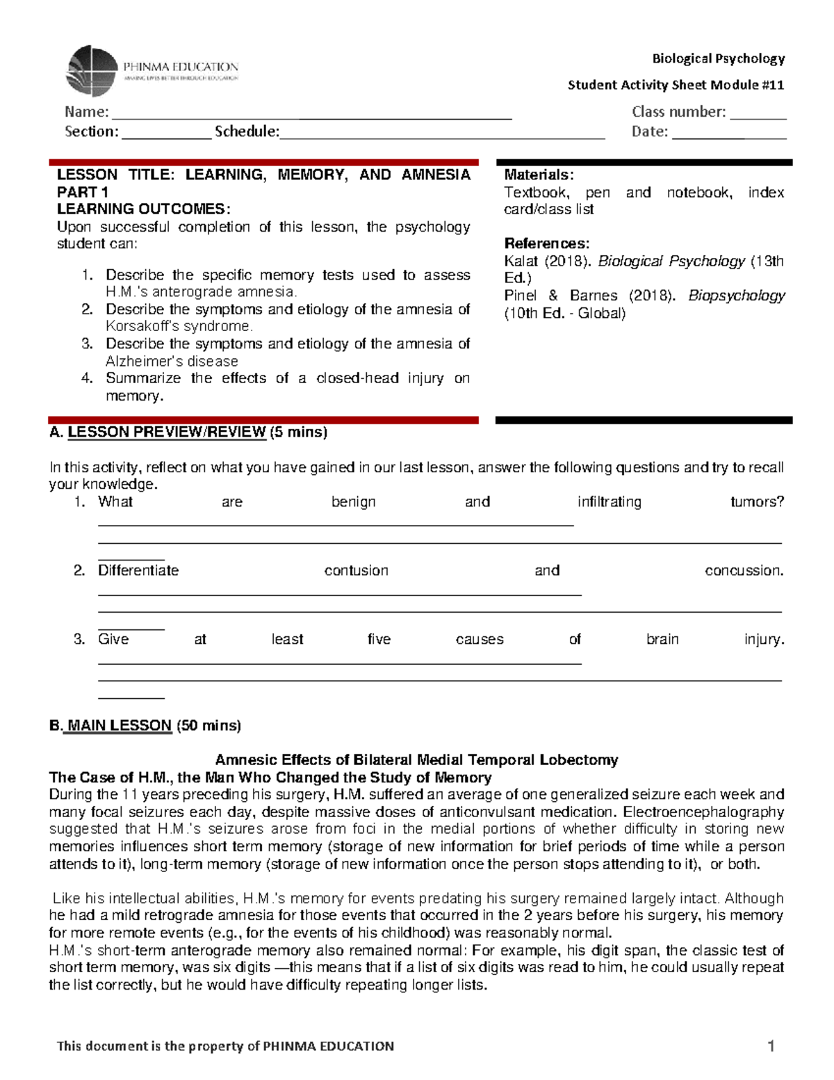 SAS Module 11 Learning Memory AND Amnesia - Student Activity Sheet Module # Name: - Studocu