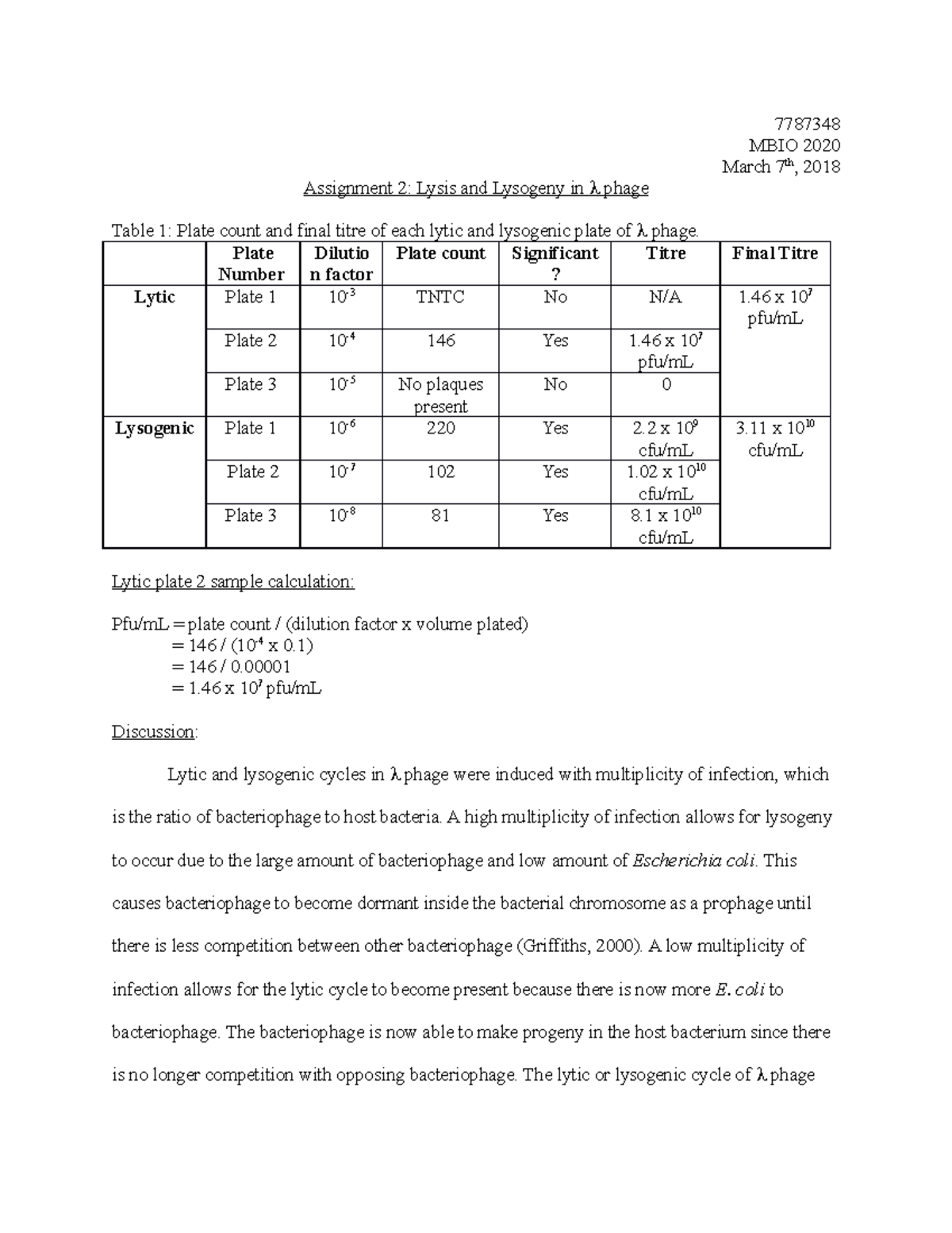 Lambda phage assignment - 7787348 MBIO 2020 March 7th, 2018 Assignment ...