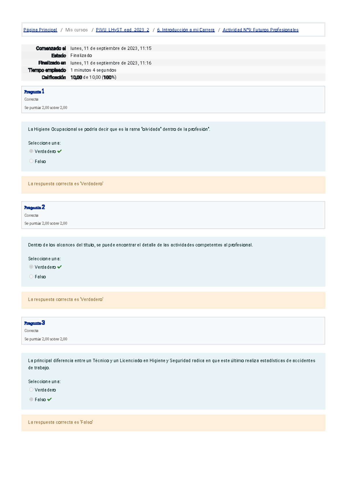 Actividad N°9 Respuesta 1ER Intento 10 Puntos - Página Principal / Mis cursos / - Studocu