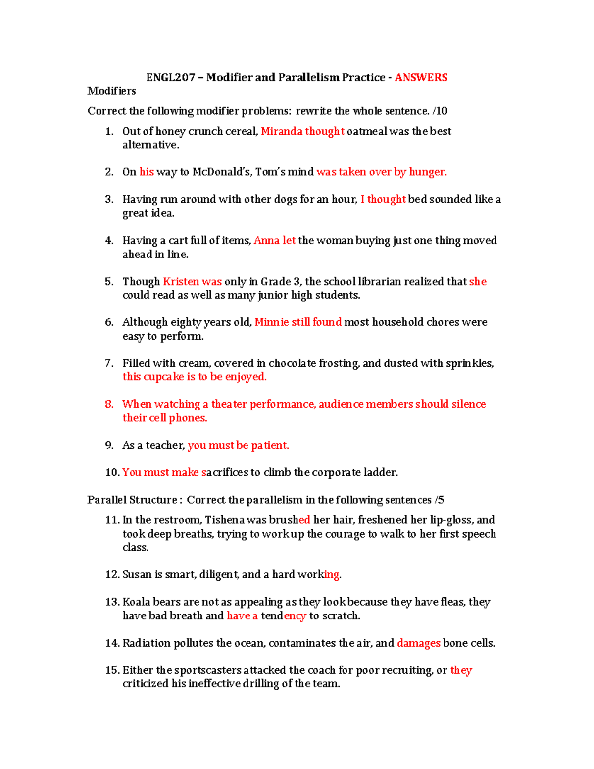 Modifiers and Parallelism - Answers - ENGL207 – Modifier and ...