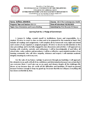 Zuñiga LT2 - LEARNING TASK - Name: ZUÑIGA, JERAME B. Course: GEC3 The Contemporary World Program ...