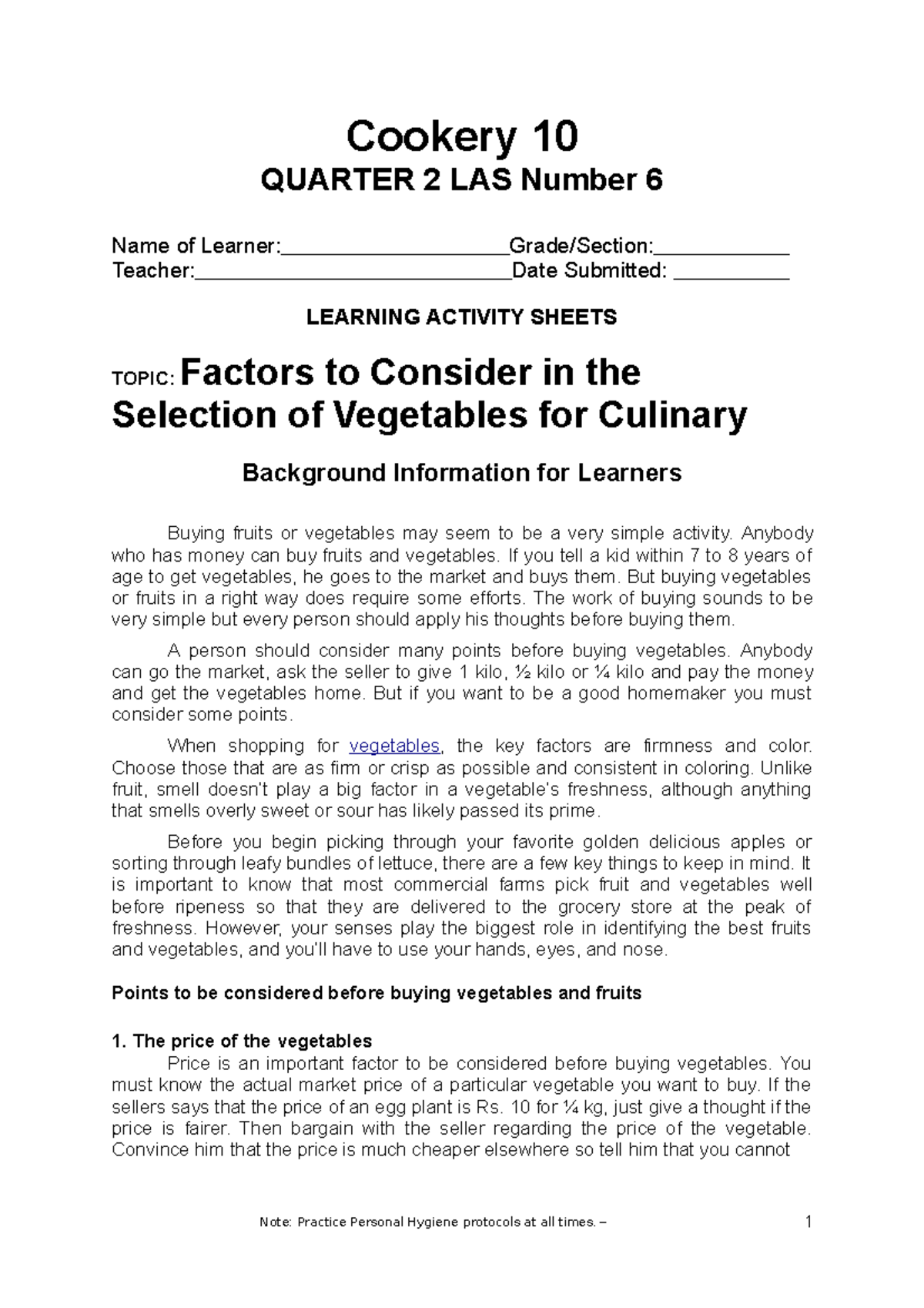 Cookery 10 Quarter 2 LAS No. 6 2021-2022 - Cookery 10 QUARTER 2 LAS ...